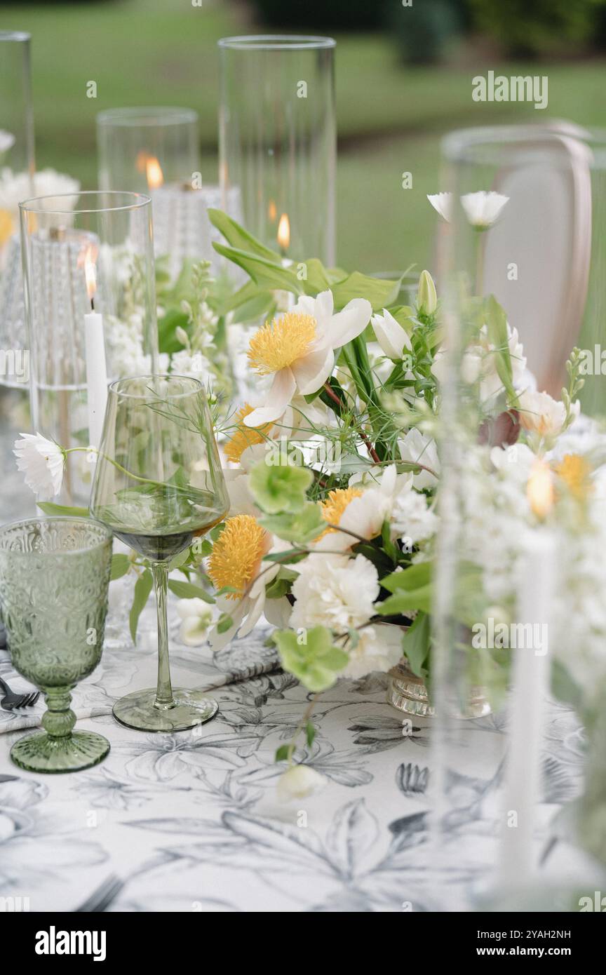Green Wedding Day Reception Tablescape Centerpieces White Flowers Stock ...