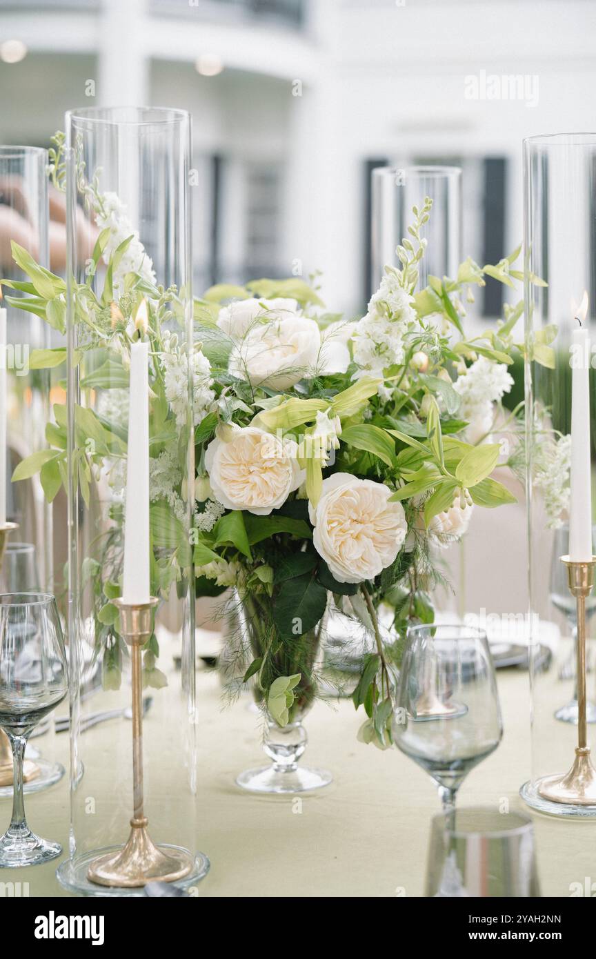 Green Wedding Day Reception Tablescape Centerpieces White Flowers Stock ...