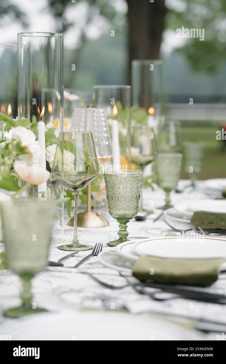 Green Wedding Day Reception Tablescape Centerpieces White Flowers Stock ...