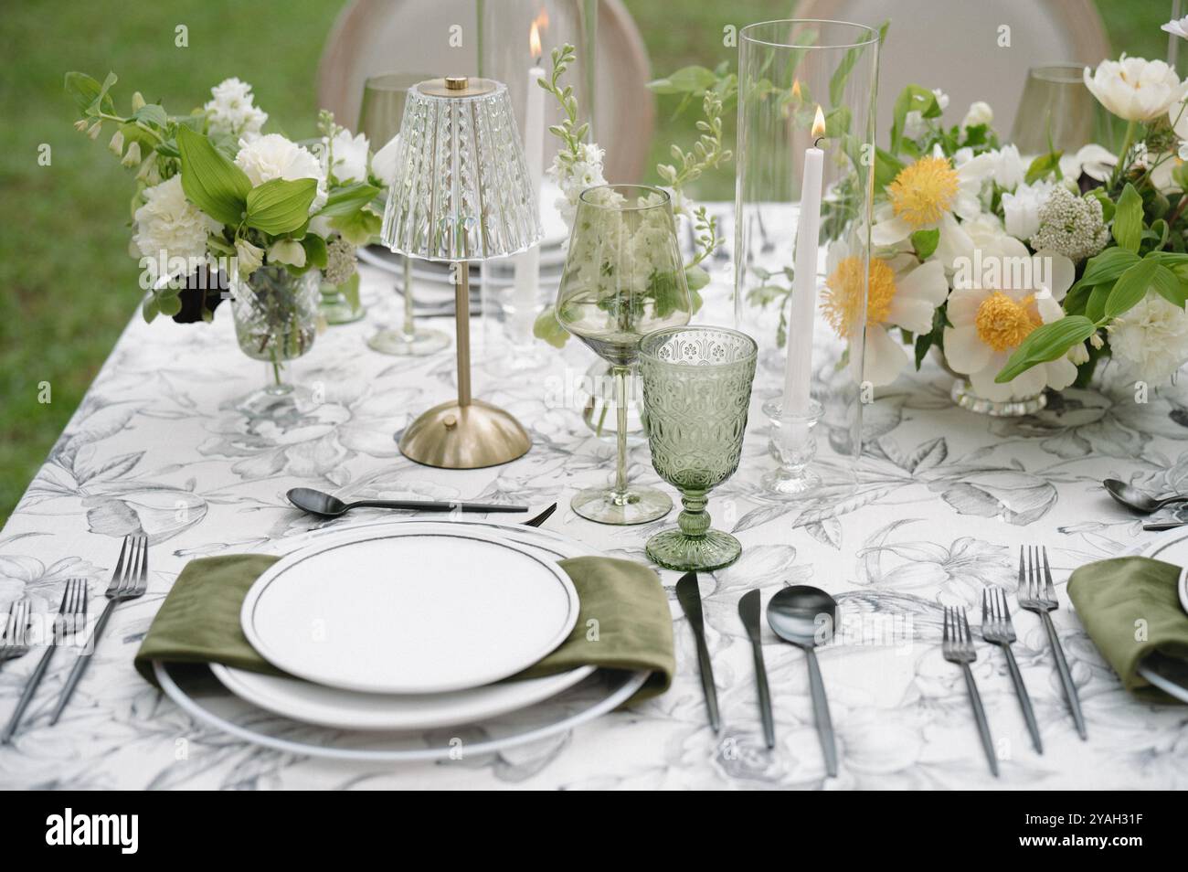 Green Wedding Reception Tablescape Centerpieces Design Horizontal Stock ...