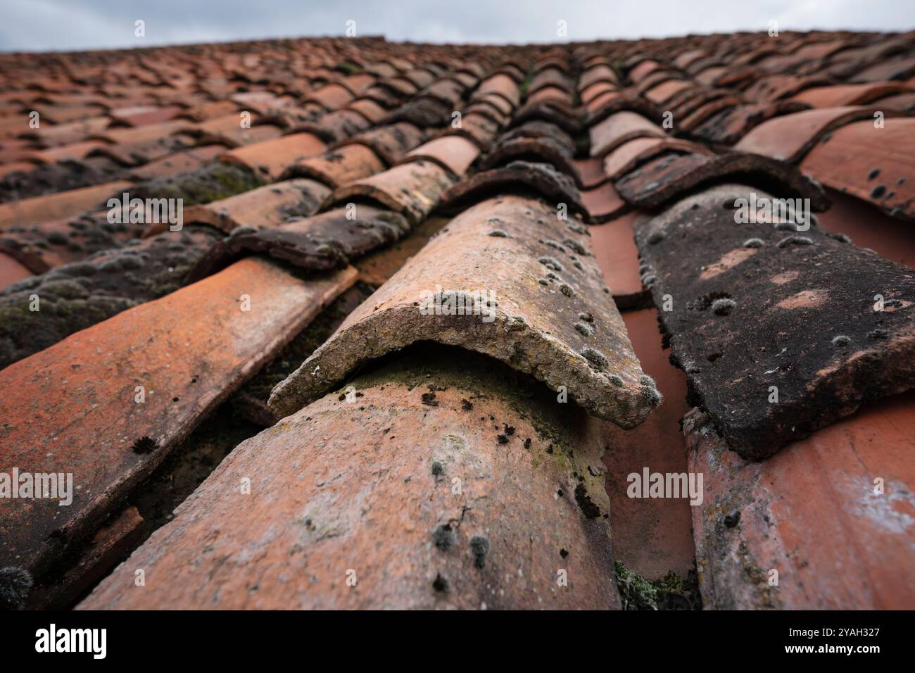 Traditional red roof tiles in Mogrovejo village, Cantabria, Spain Stock ...