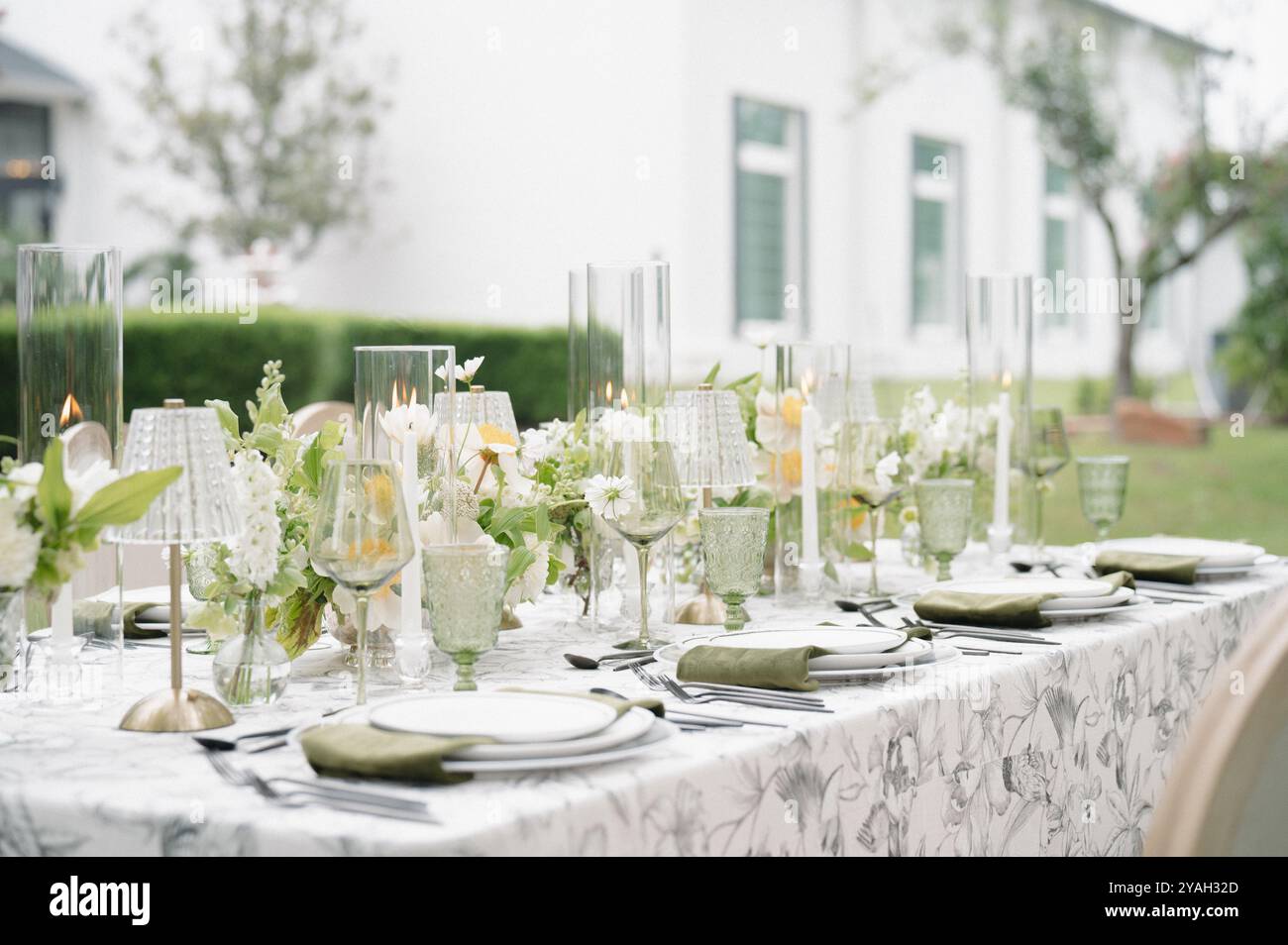 Green White Wedding Reception Tablescape Centerpieces Horizontal Stock ...