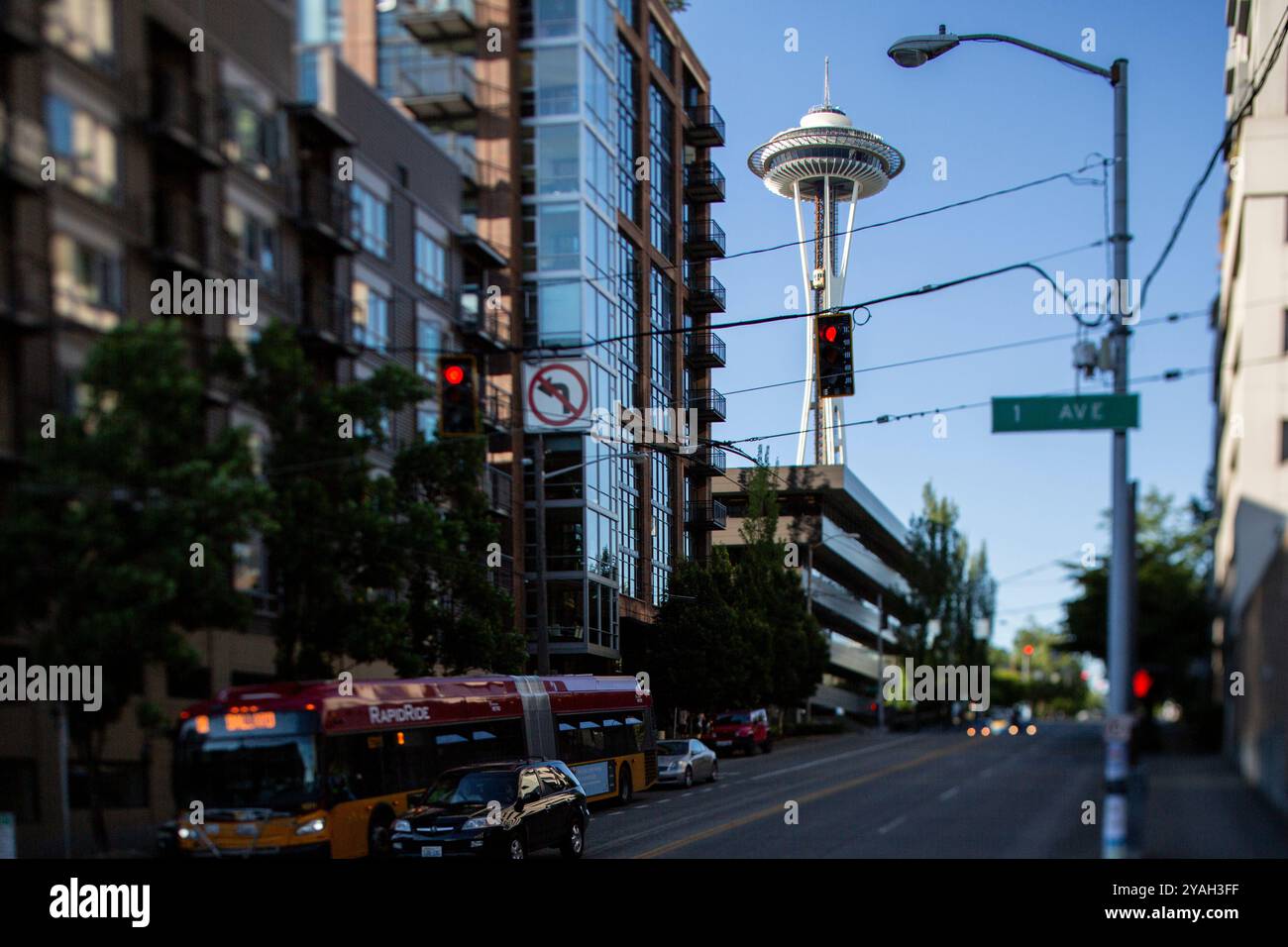 Seattle space needle in distance of street scene Stock Photo - Alamy