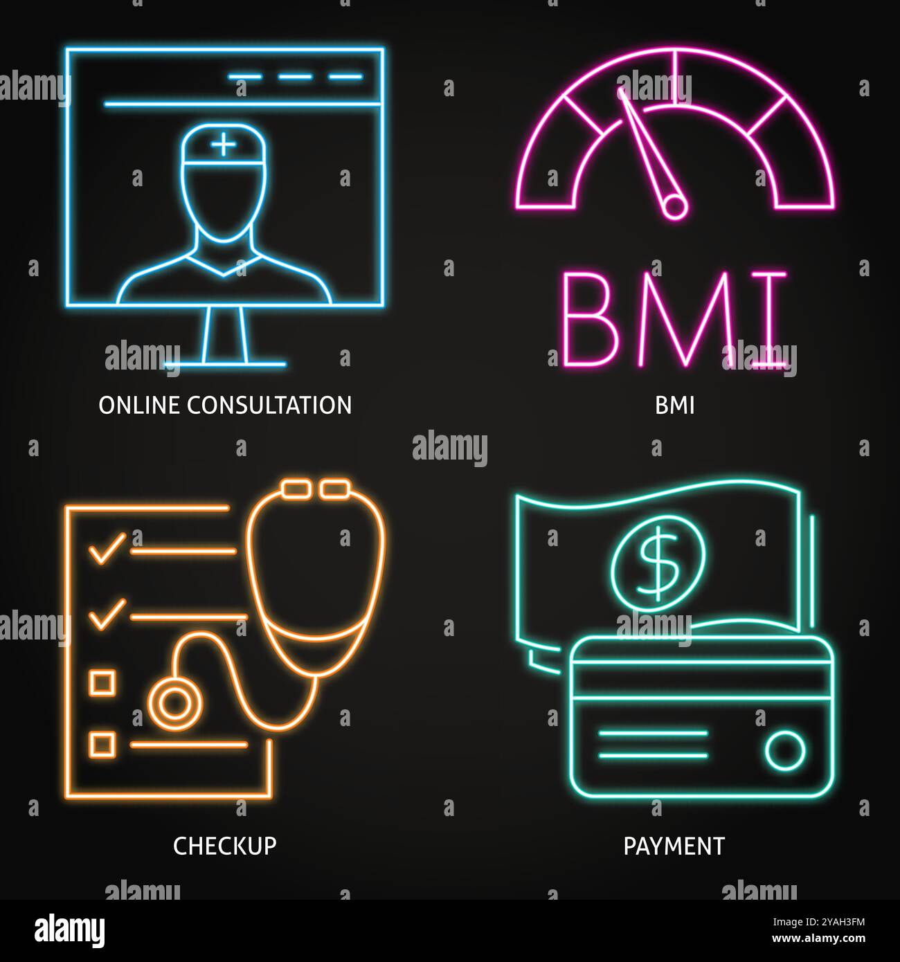Doctor consultation neon icon set. Telemedicine, medical checklist, BMI ...