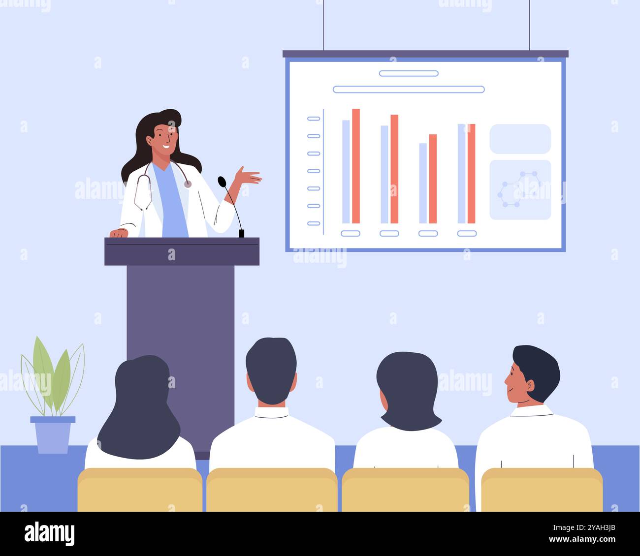 Medicine conference. Female doctor standing at podium and giving a speech for audience ...