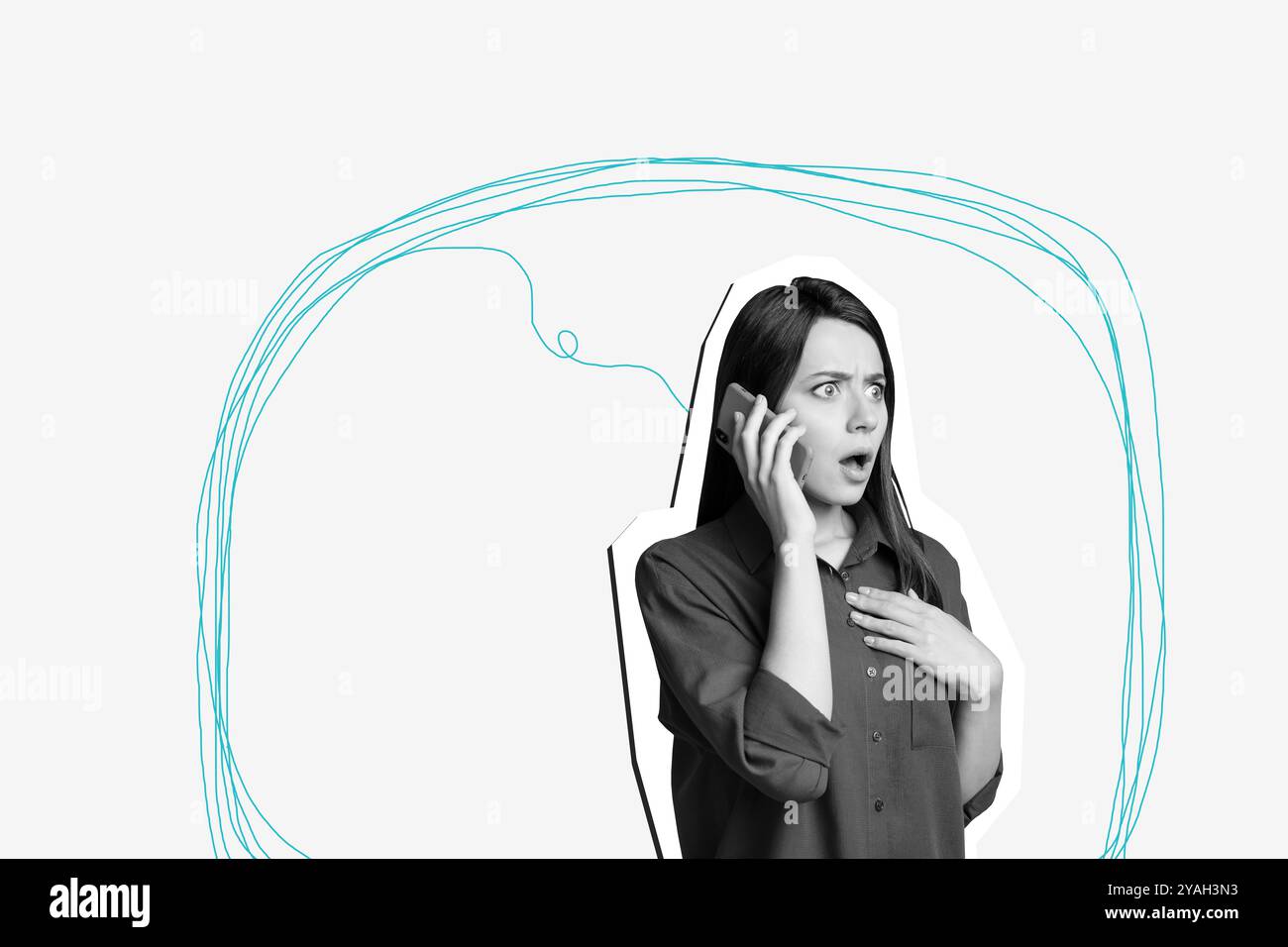 Collage image picture of confused stressed depressed woman listen news ...