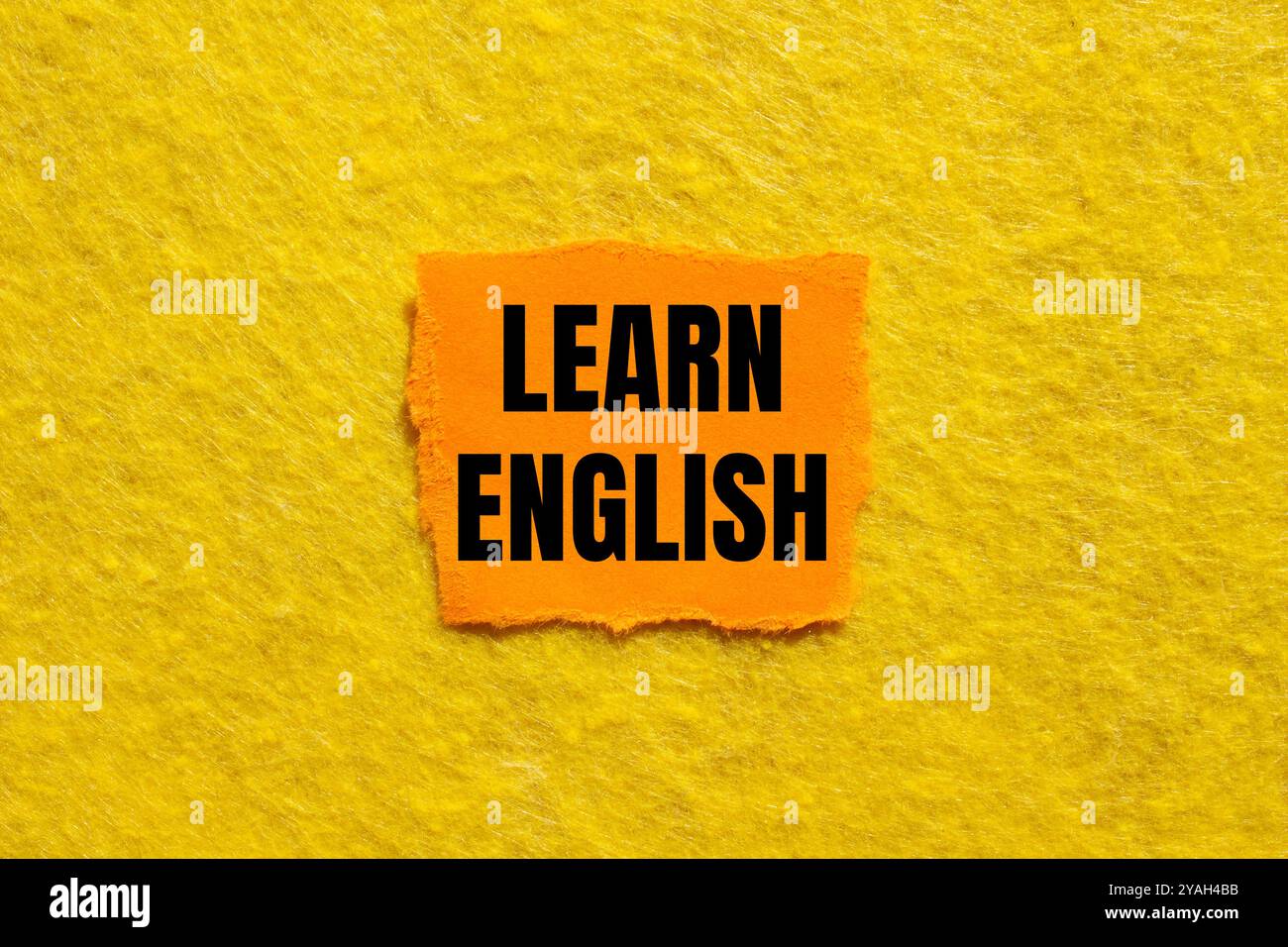 Learn english message written on ripped torn orange paper piece with yellow background ...