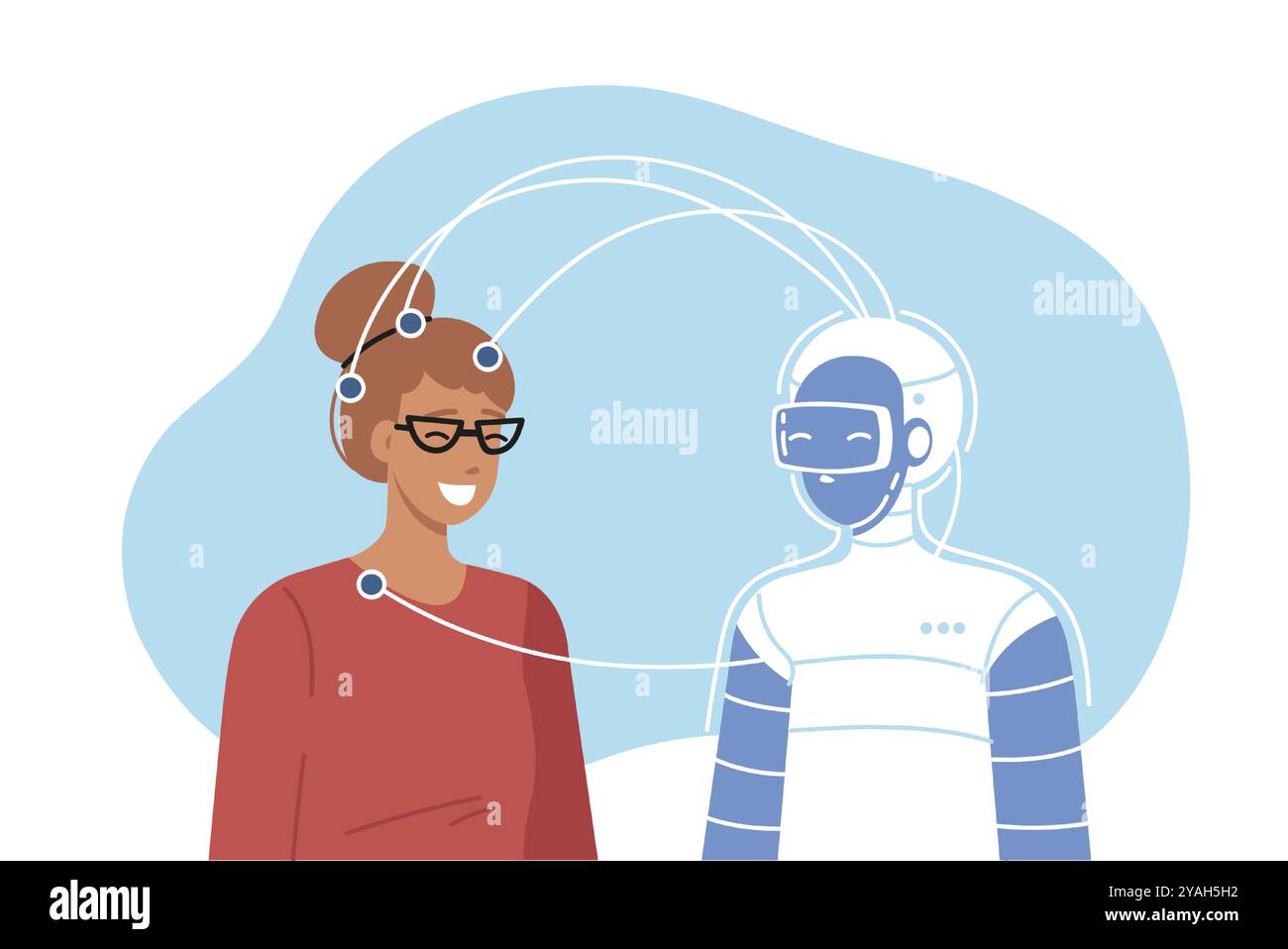 Robot and woman are connected by wires while transferring information ...