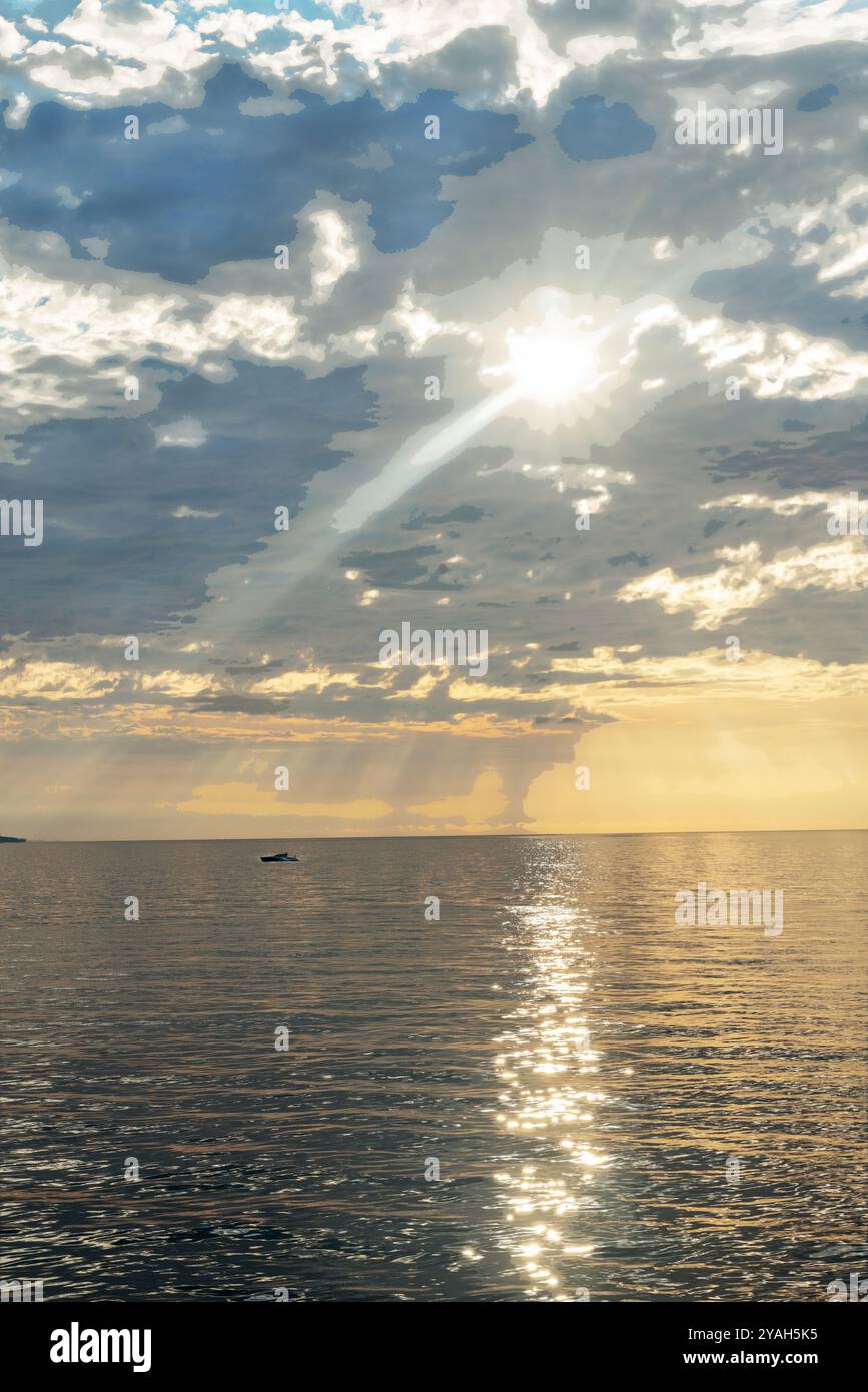 Fantastic pink sunrise in Monaco, sunbeams through small clouds, small ...