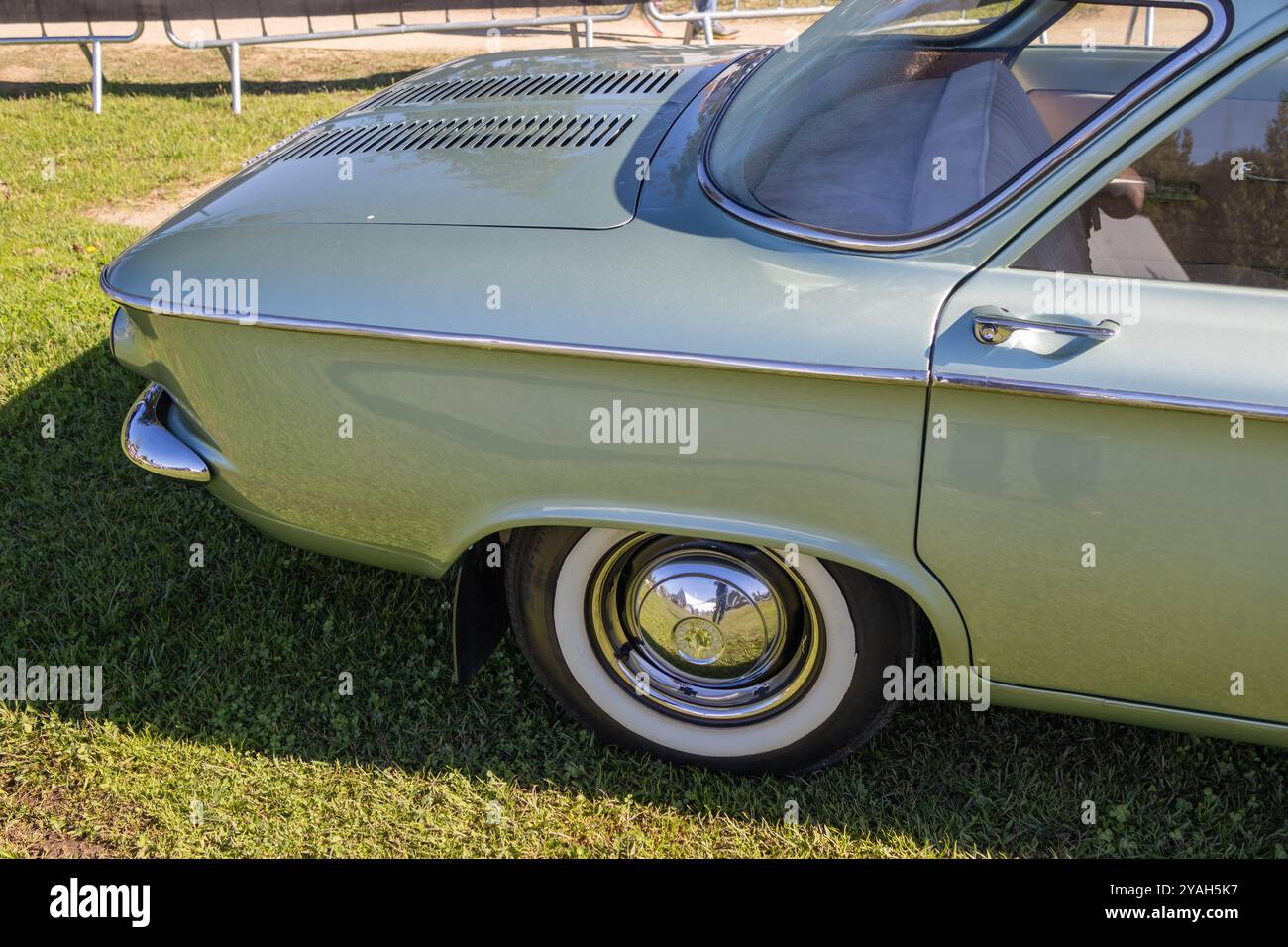 Classic chevrolet corvair parked on a grass field with an open rear ...