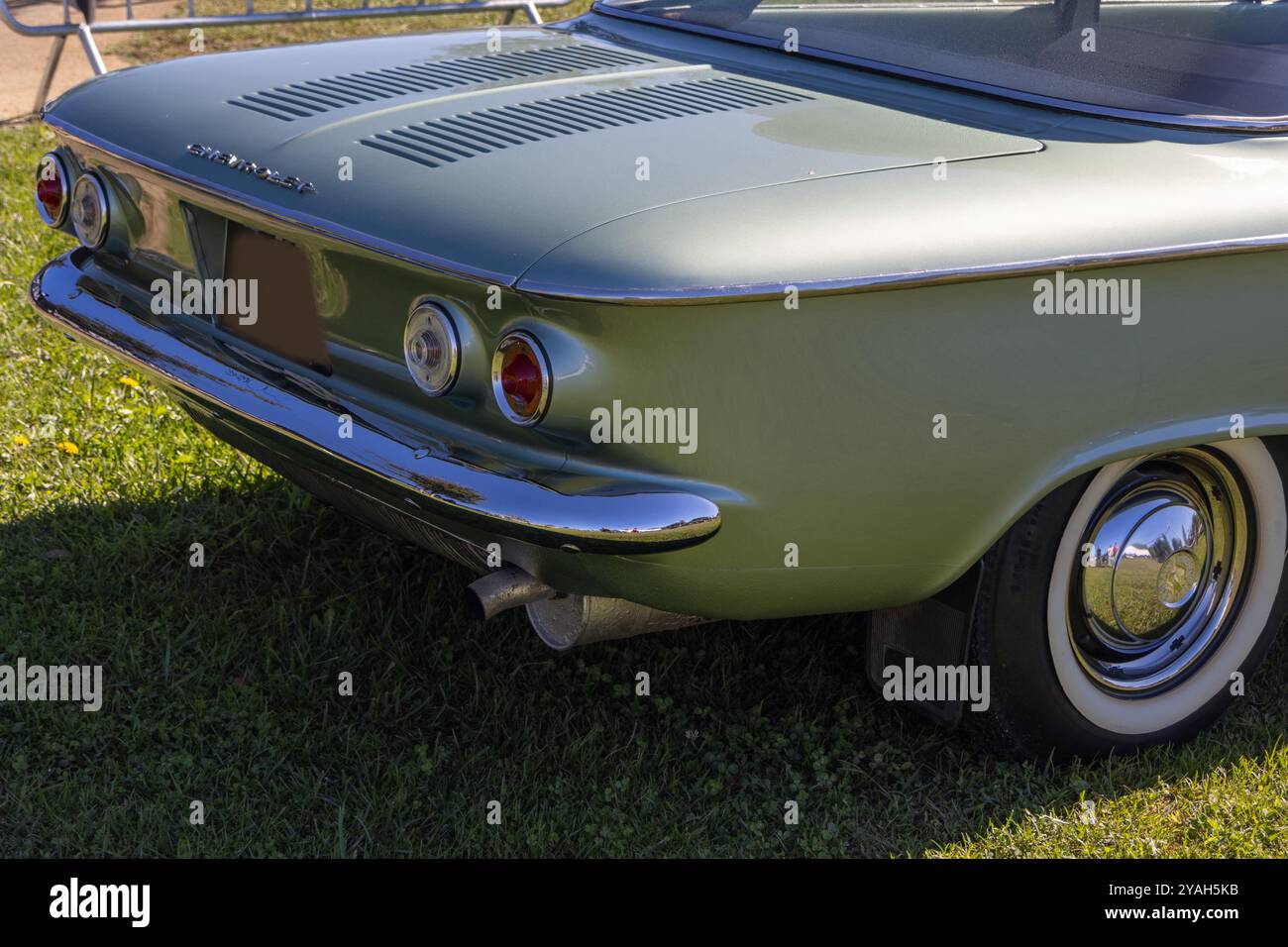 Classic chevrolet corvair parked on grass showcasing its iconic rear ...