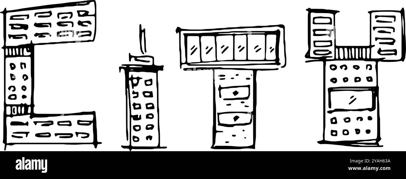 Hand-drawn sketch of building in word CITY. Vector Stock Vector Image ...