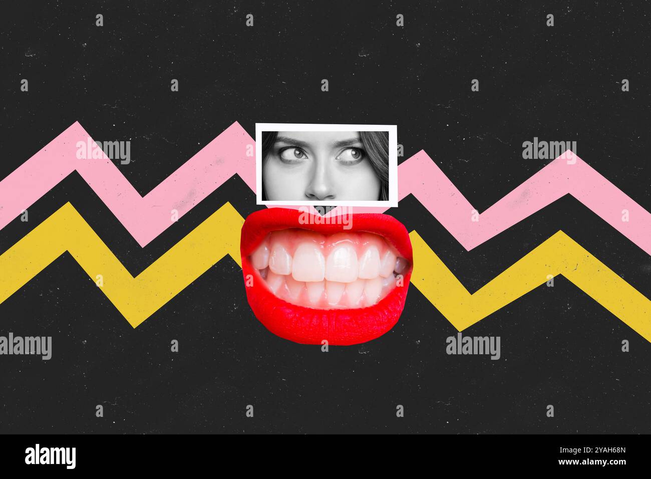 Creative picture collage woman mouth face fragment grinning teeth lips ...