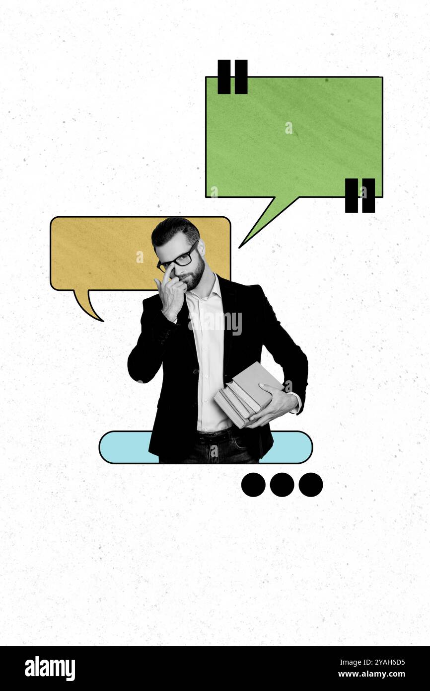 Vertical photo collage of serious academic man hold book stack ...