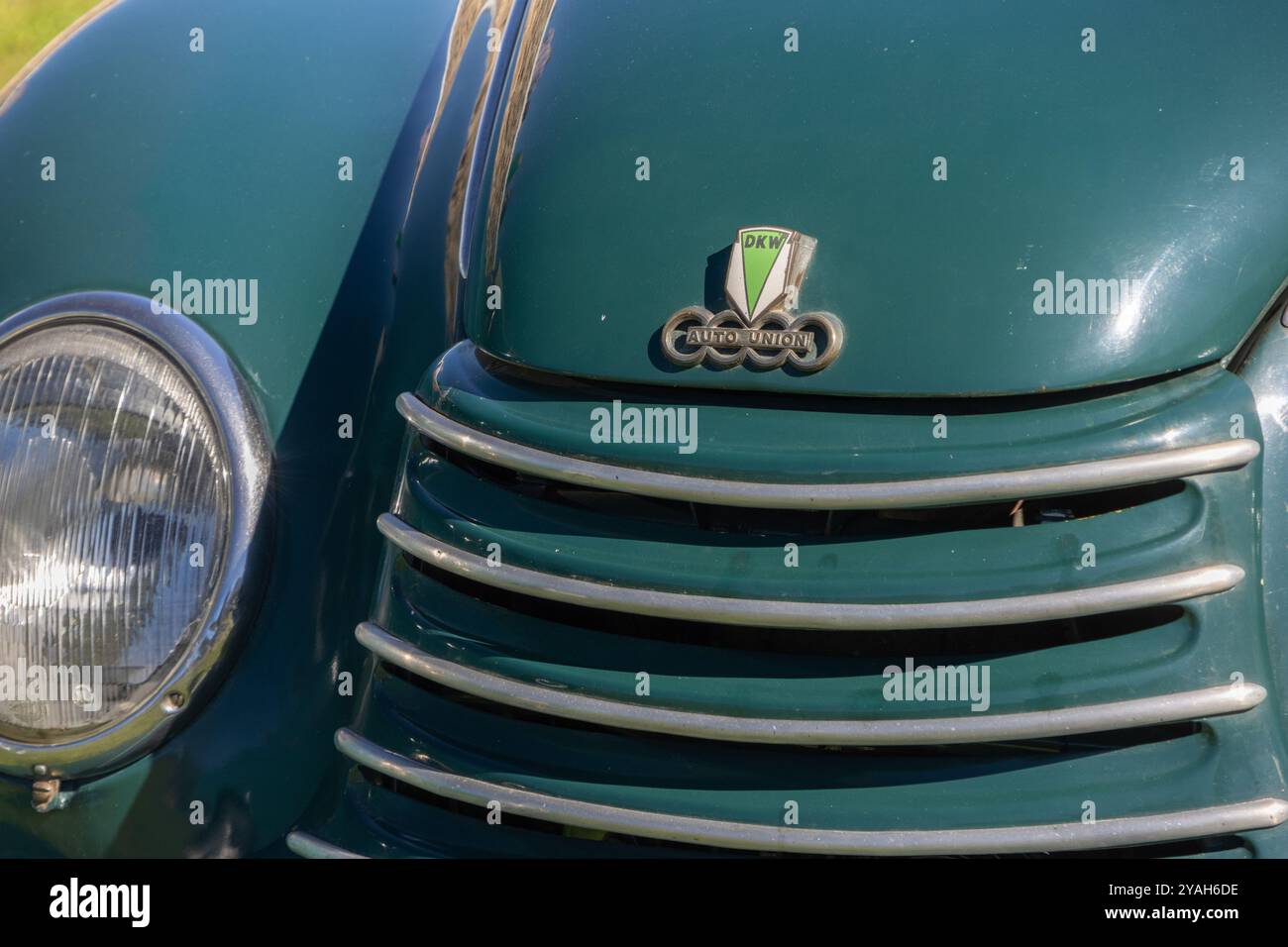 Close up of the restored front grill of a classic auto union dkw car ...