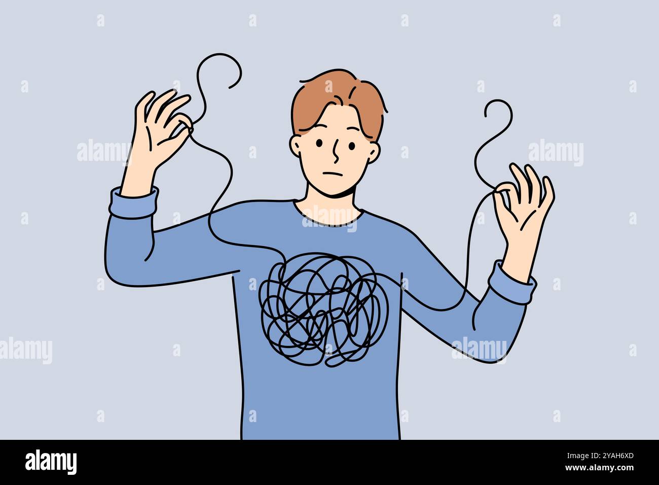 Man confused in himself and in feelings, shows lump of threads in chest ...