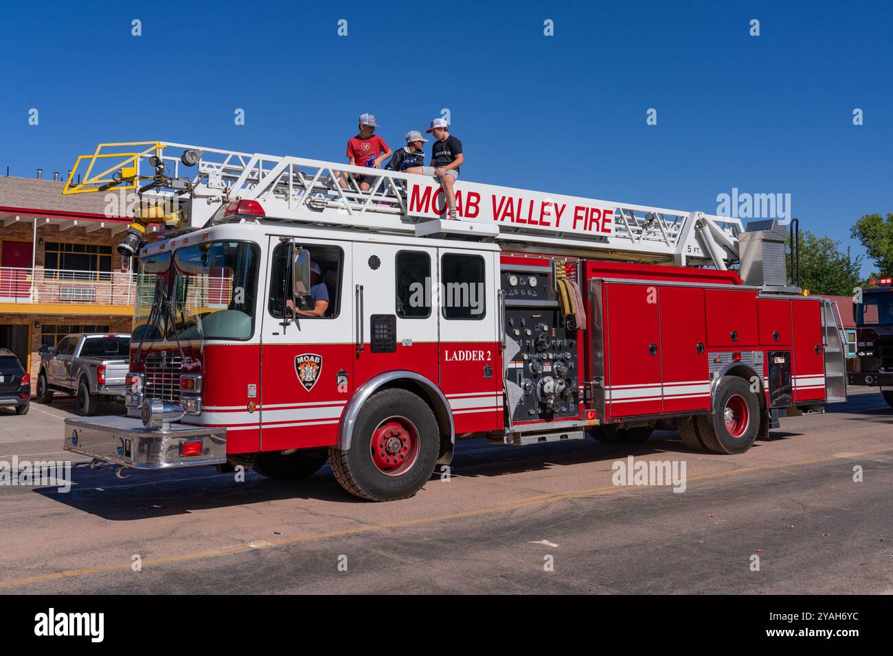 A fire department ladder truck in the Fourth of July Parade on ...