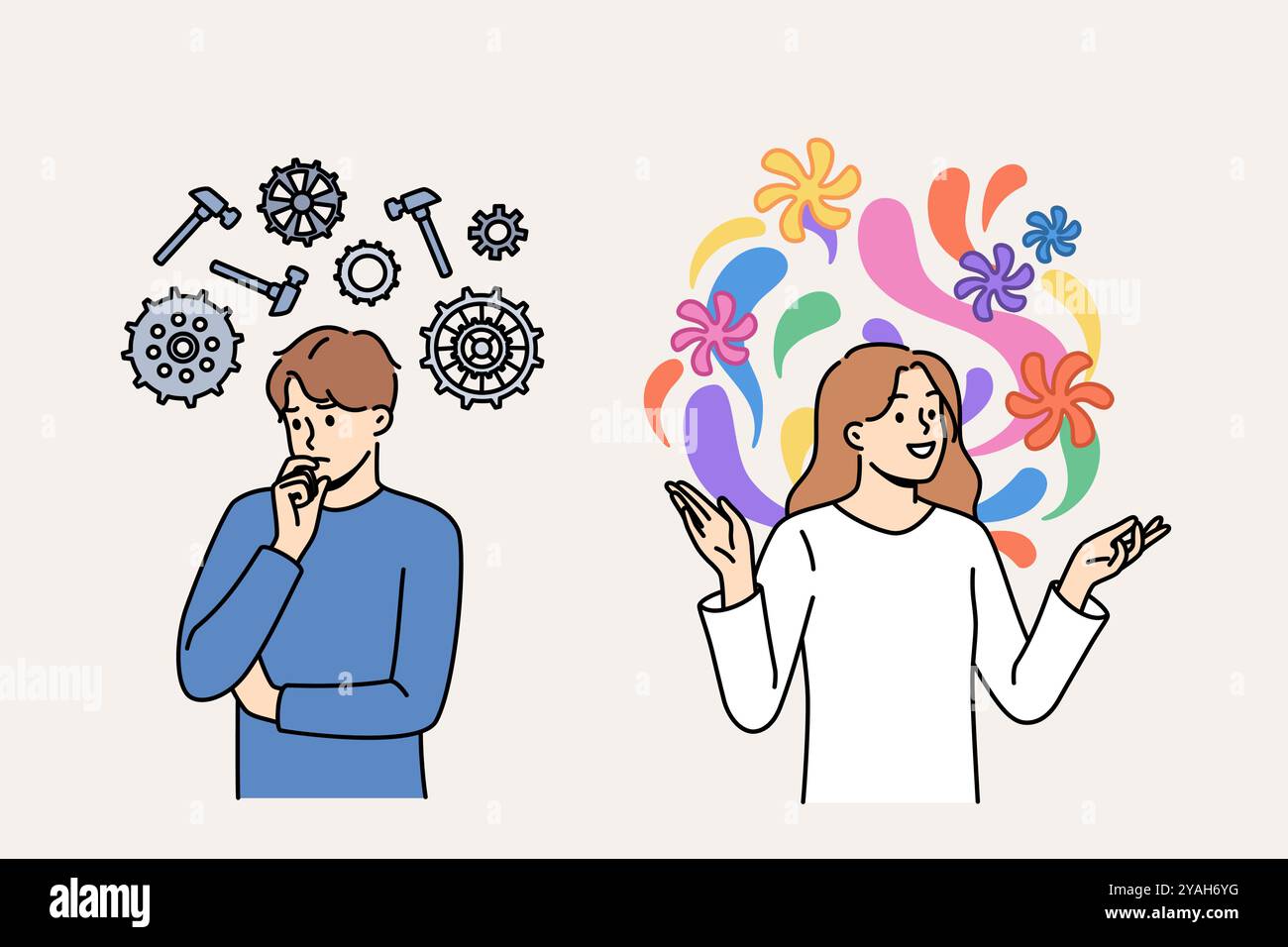 Pragmatic and creative thinking between two people using different ways ...