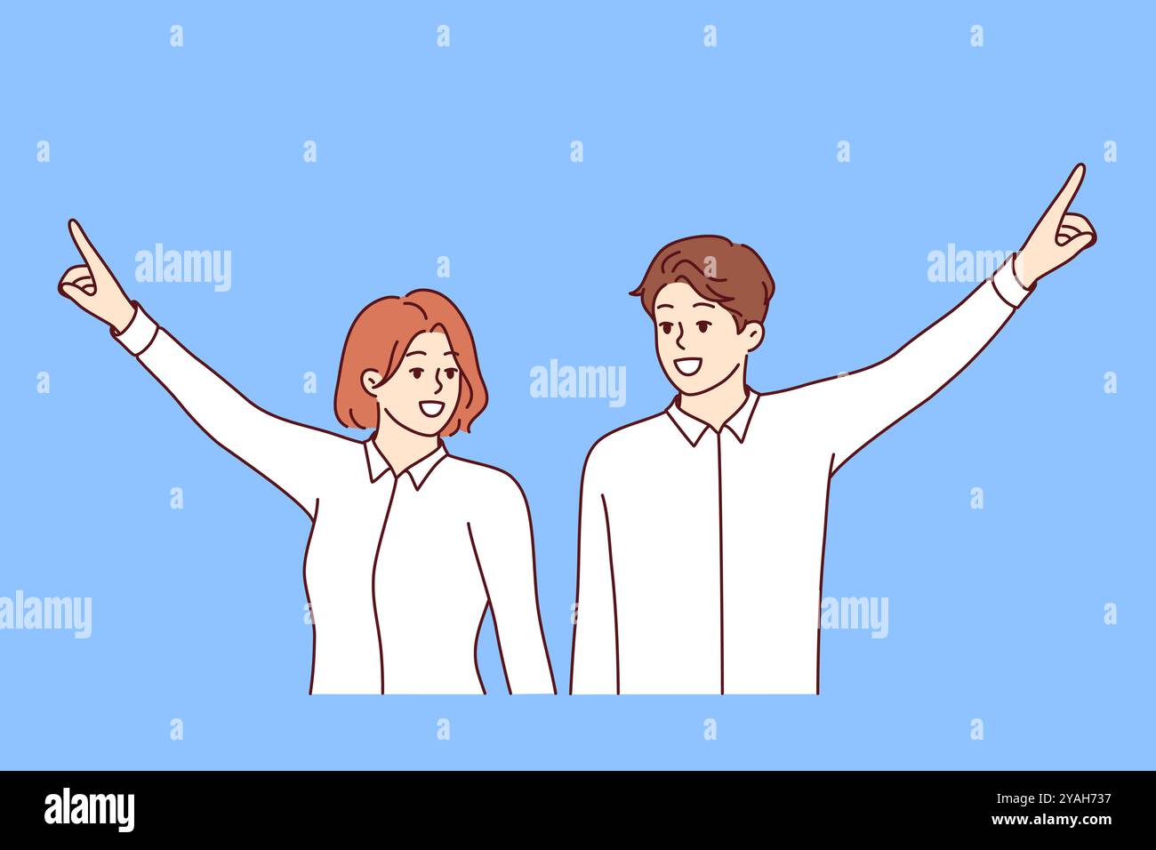 Team of two business people raise hands in victory and point upward ...