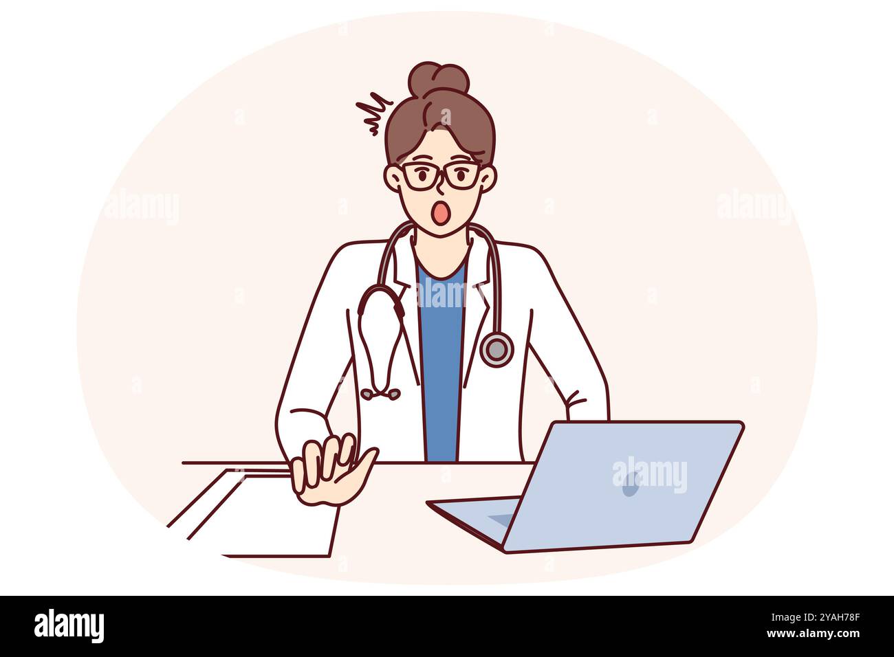 Shocked woman doctor is surprised to see rare disease, sits at table ...