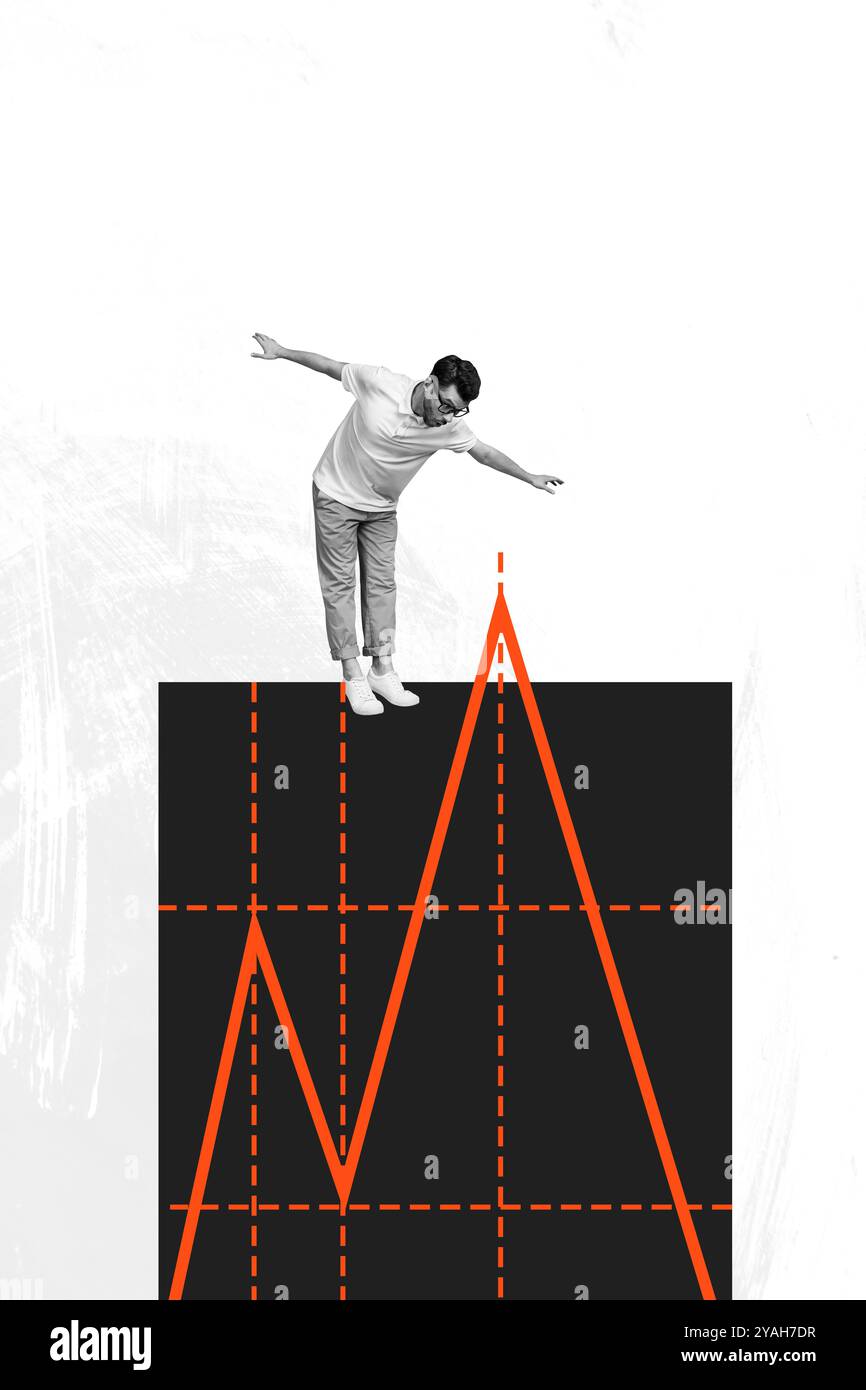 Vertical photo collage of scared man employee fall graph economy ...