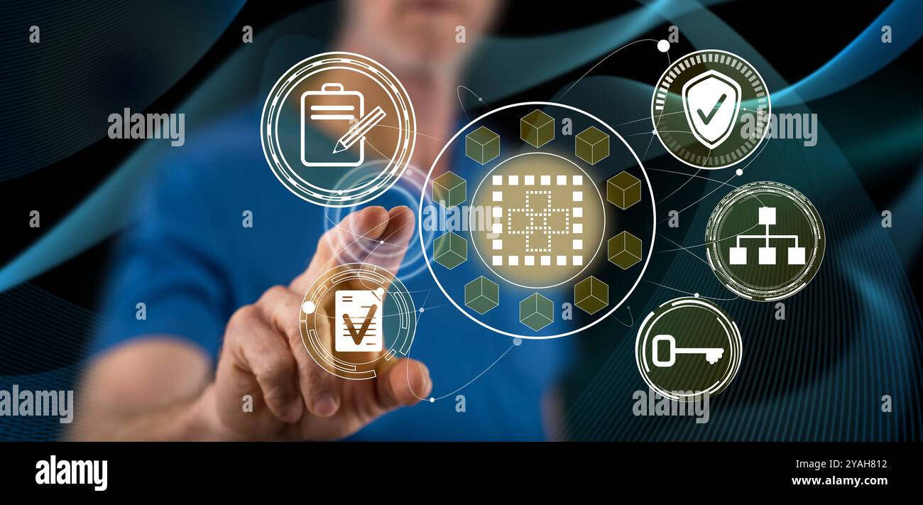 Man touching a smart contract concept on a touch screen with his finger ...
