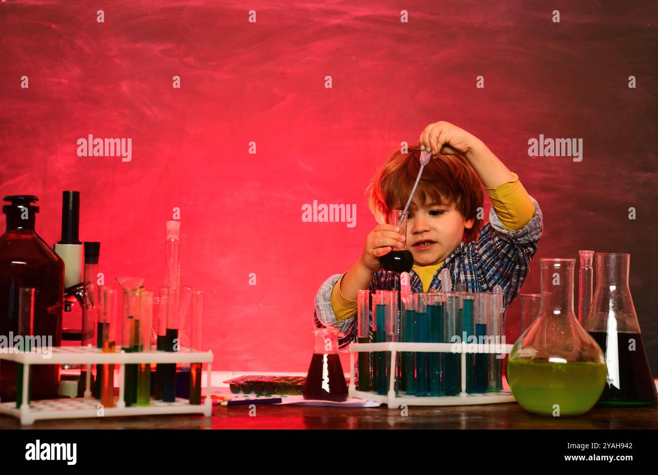 Little kids scientist earning chemistry in school lab. Science. Happy ...