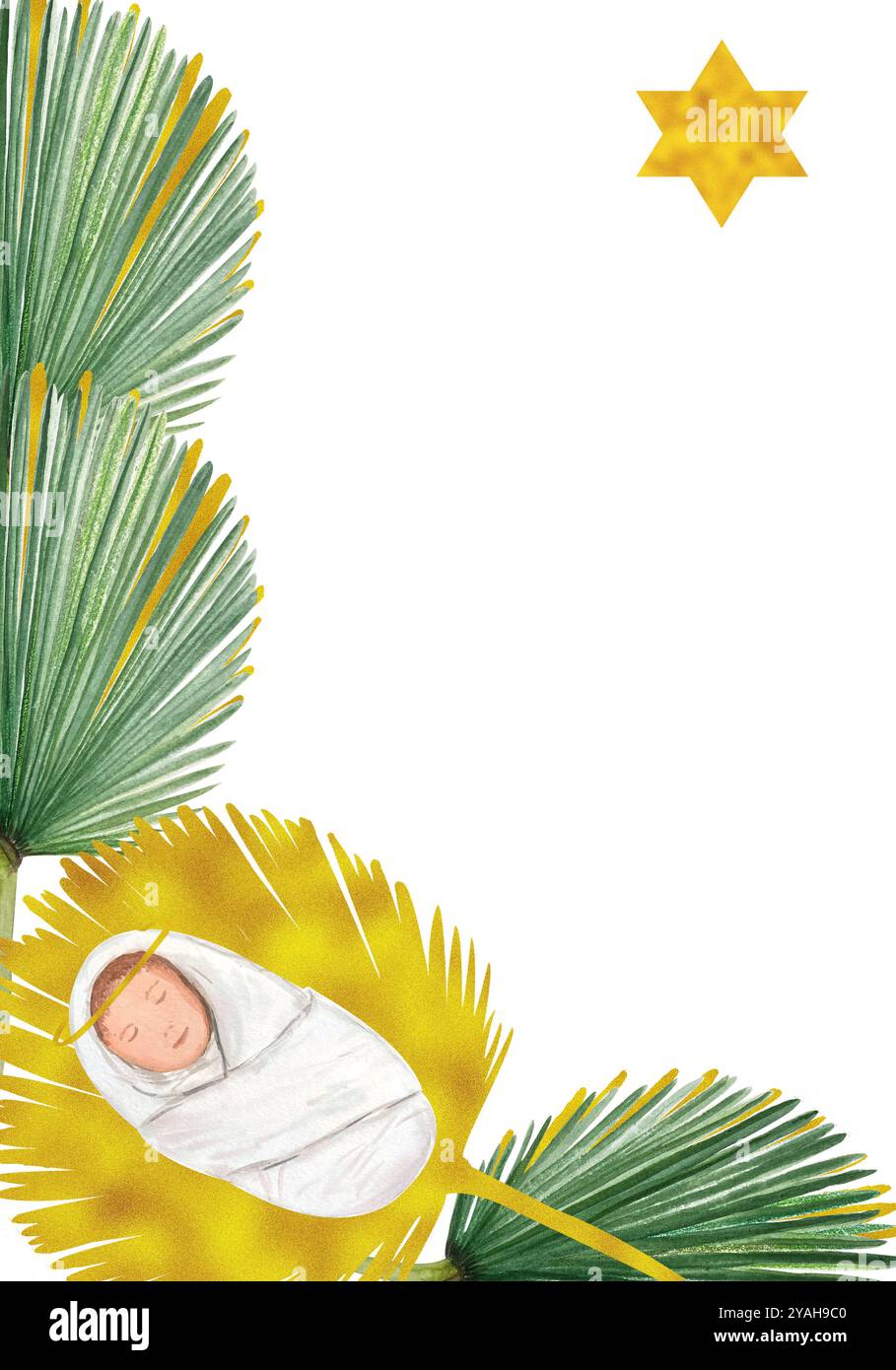 Wrapped baby Jesus golden star and palm leaves watercolor vertical ...