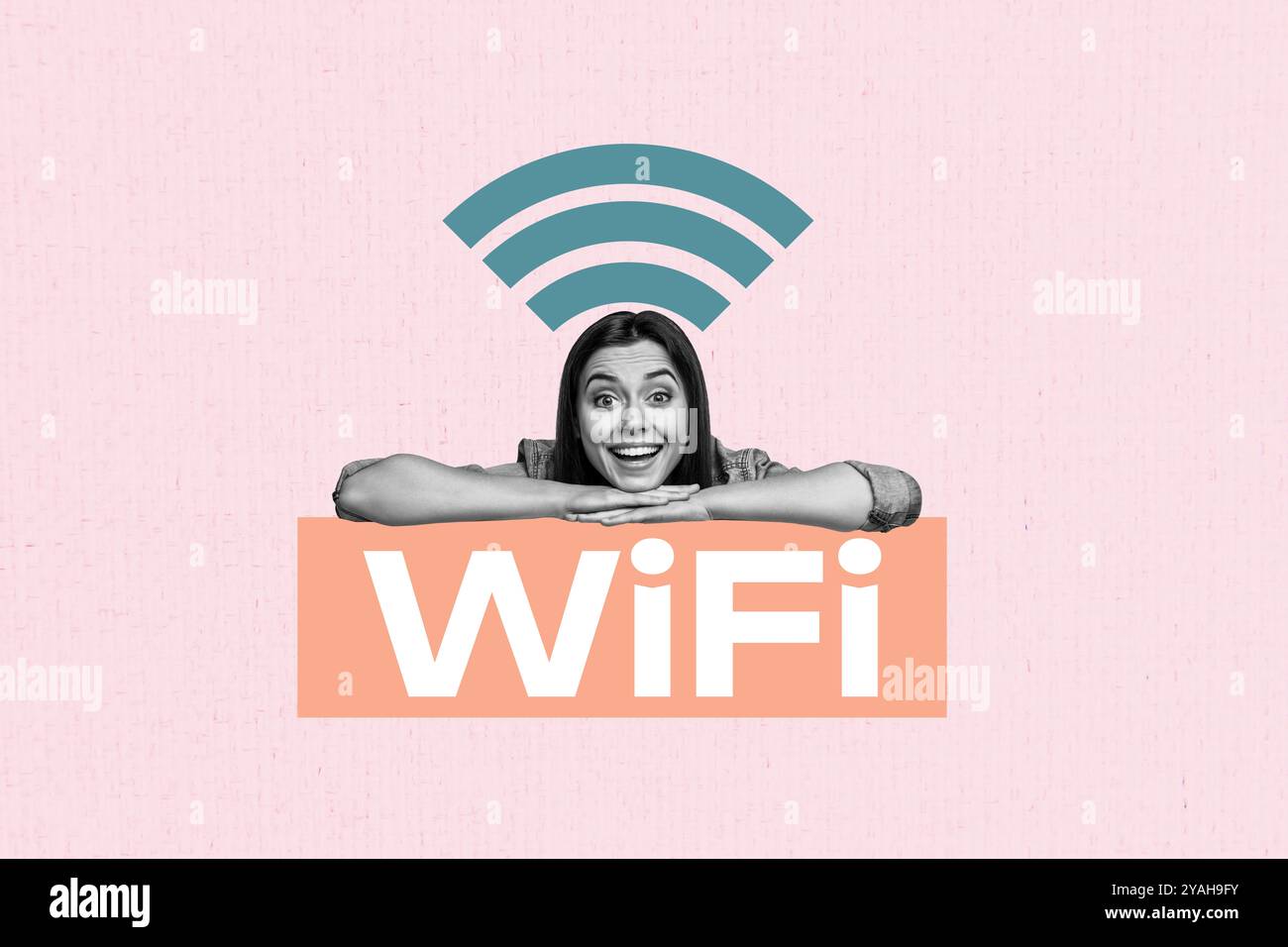 Composite photo collage of happy girl peek wifi network fast connection ...