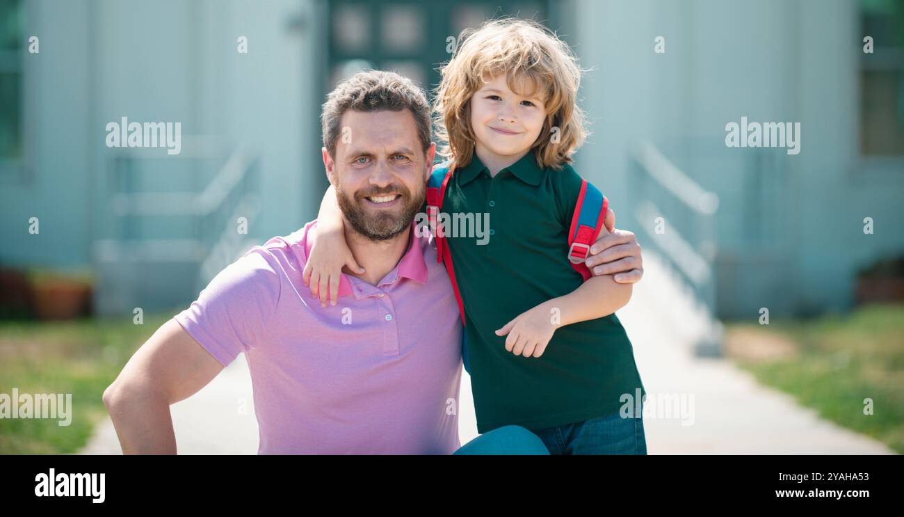 Father and son run with father after come back from school. Family ...