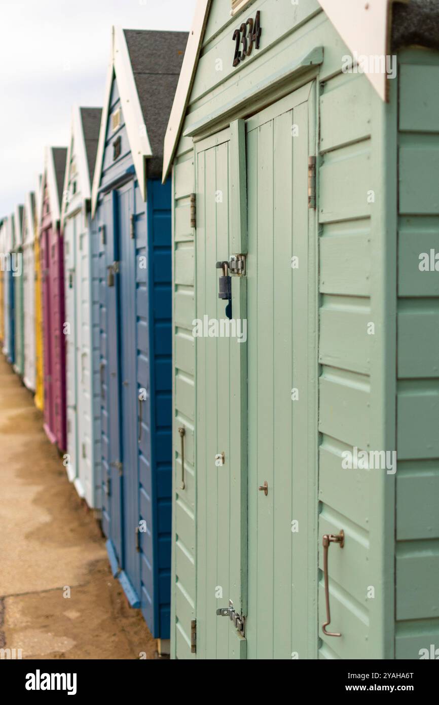 Multi-coloured beach huts on Bournemouth seafront, Dorset, England, UK ...
