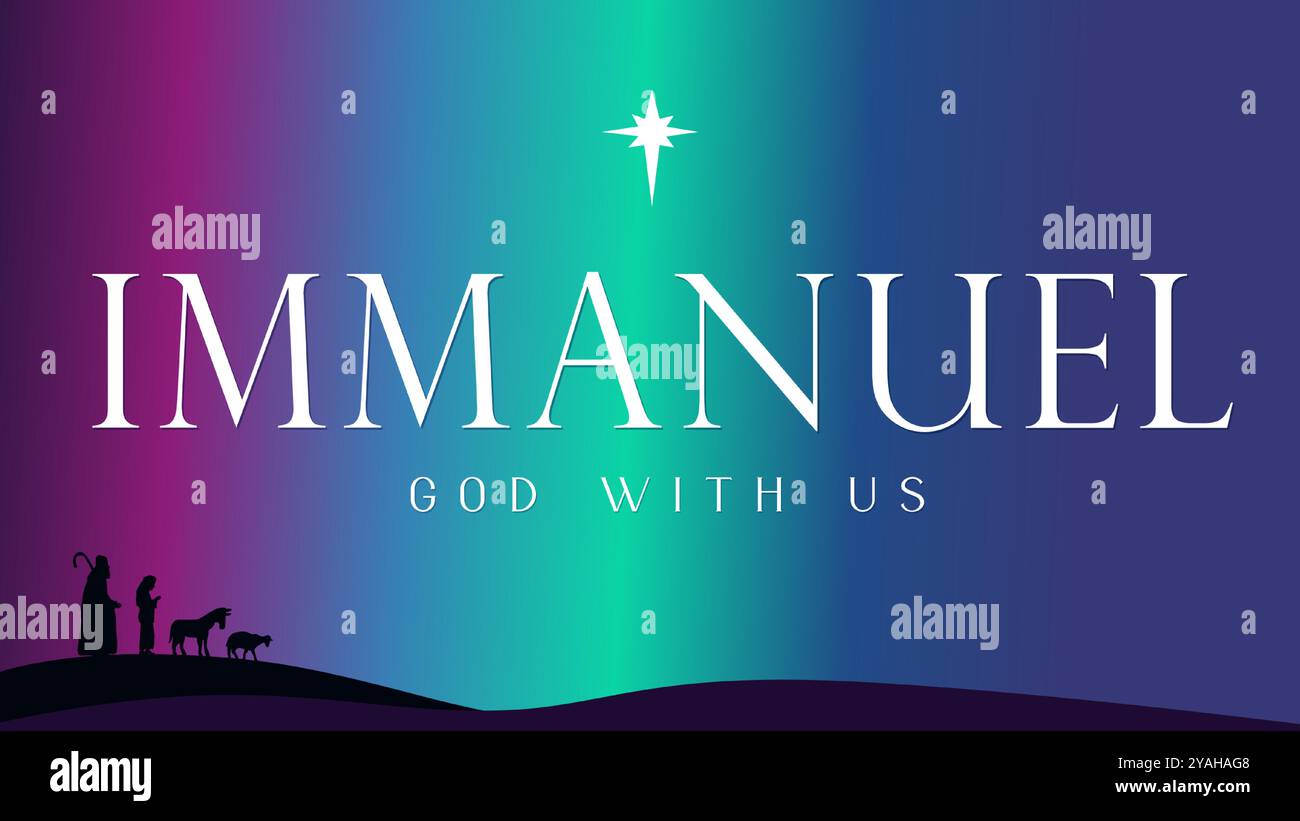 Immanuel - God with us, Nativity scene banner with lettering and Bethlehem star. Vector ...