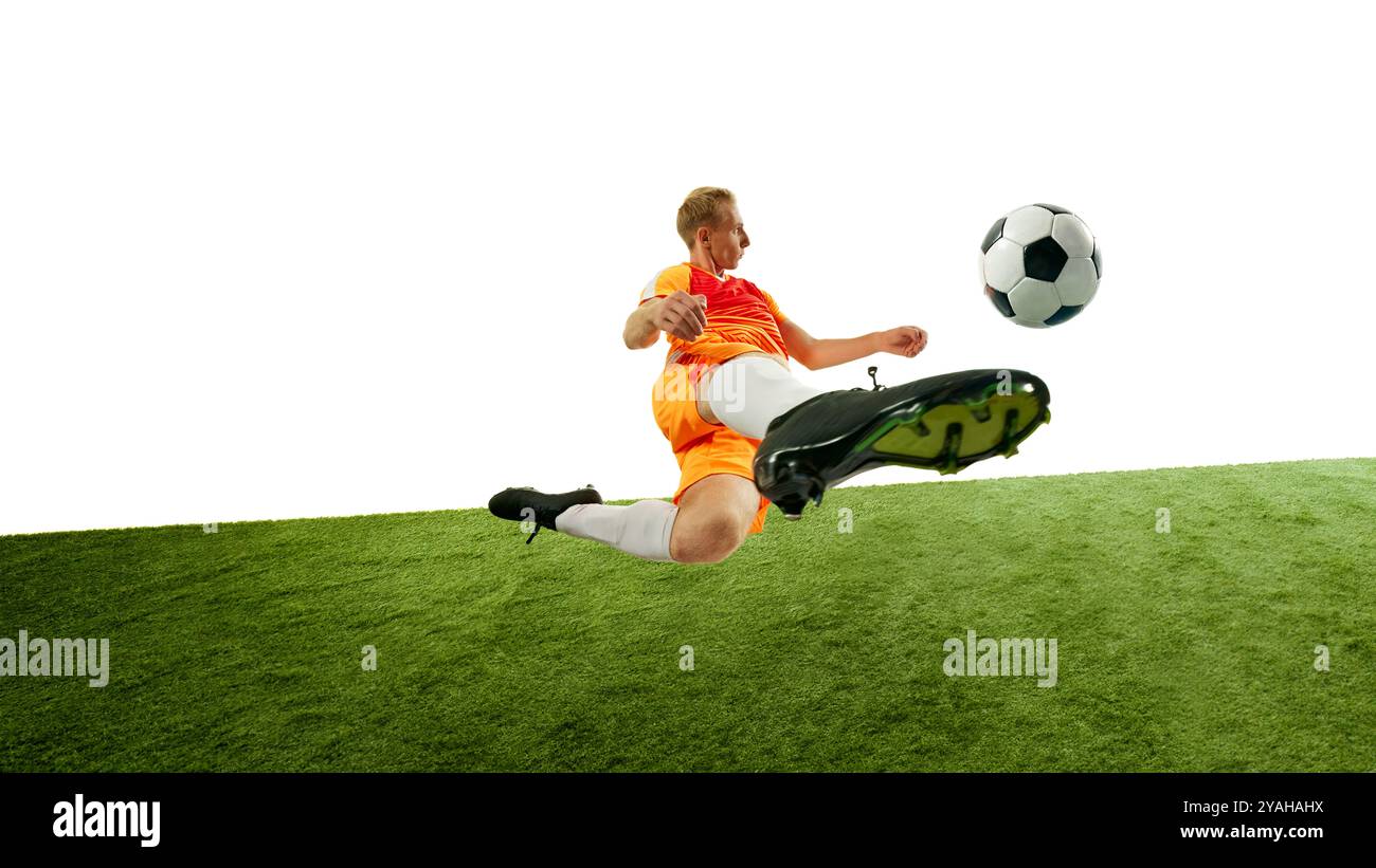 High-speed soccer action as professional player swings his leg to meet ...