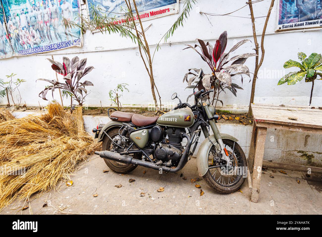 An olive green vintage Royal Enfield motor cycle parked near Howrah ...