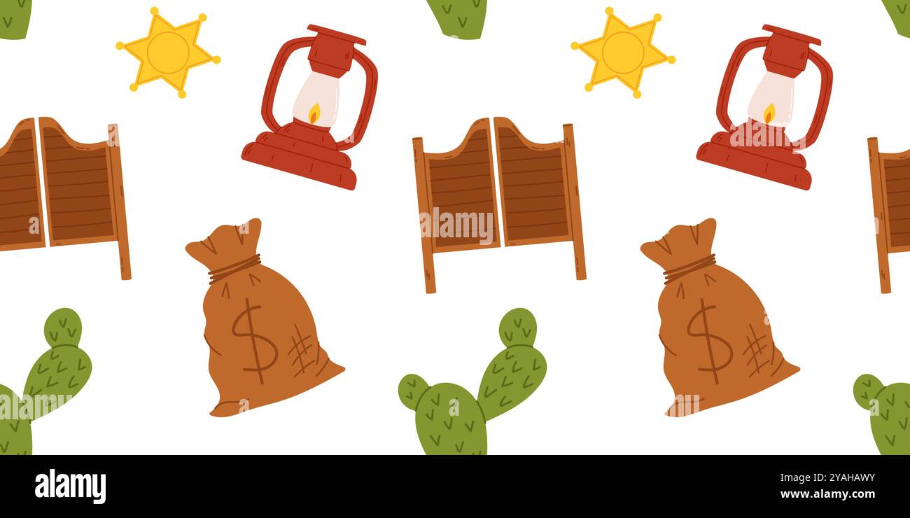 Seamless pattern Wild West theme elements sheriff badges, saloon doors ...