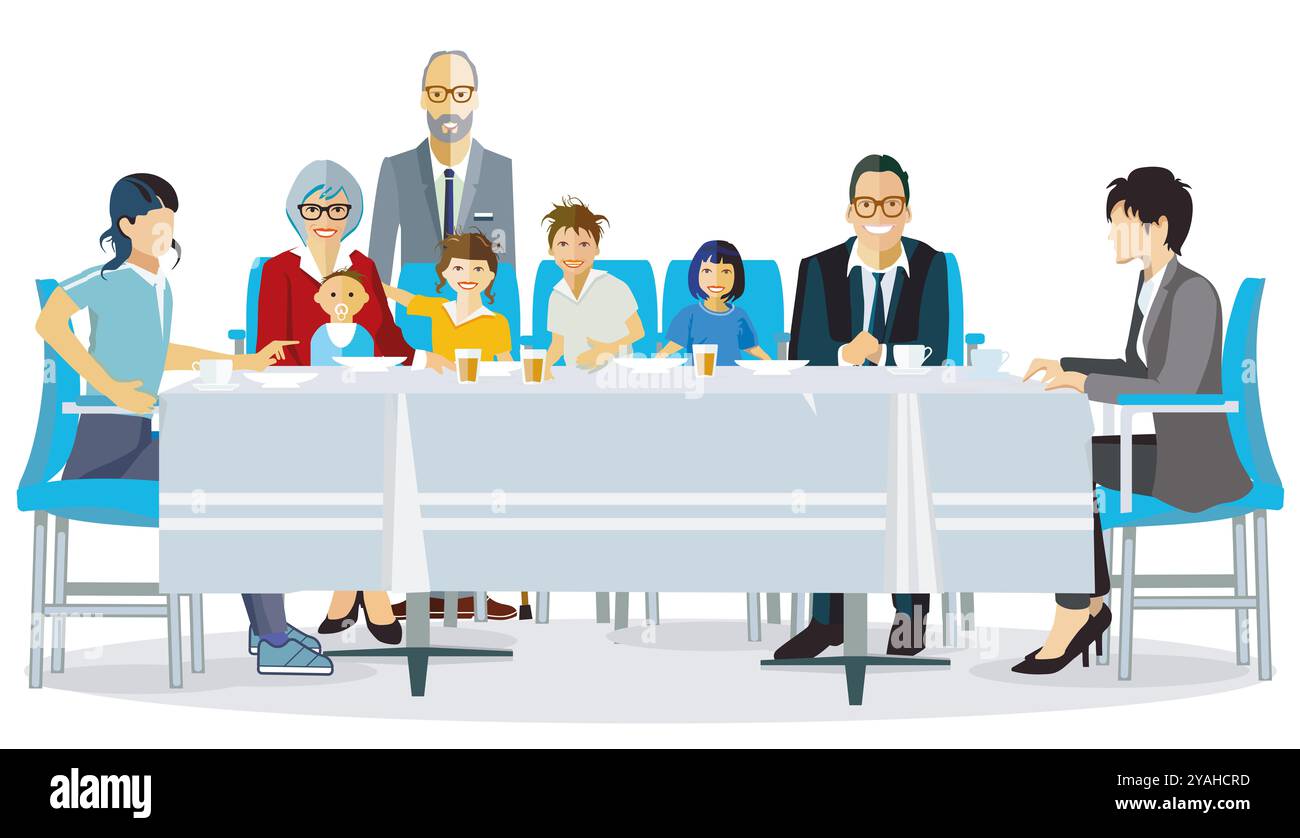 a family at home together at the table illustration Stock Photo - Alamy