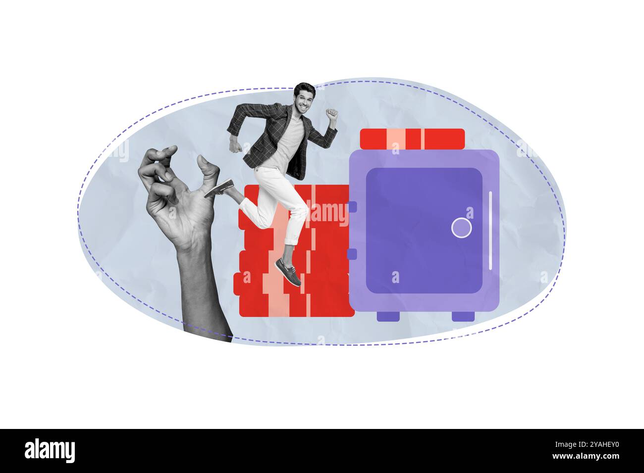 Creative collage young ambitious man go run money finance storage bank ...