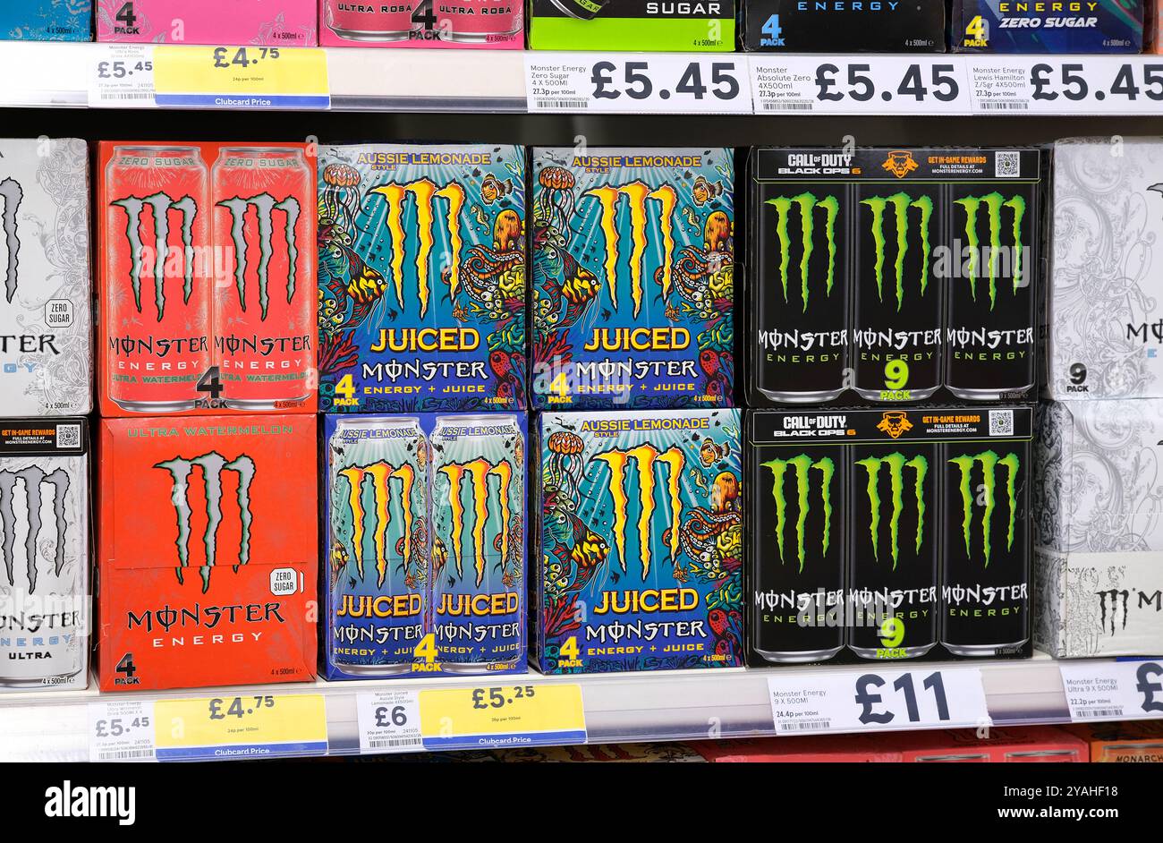 monster energy drink cans in packaging on supermarket shelf, norfolk ...