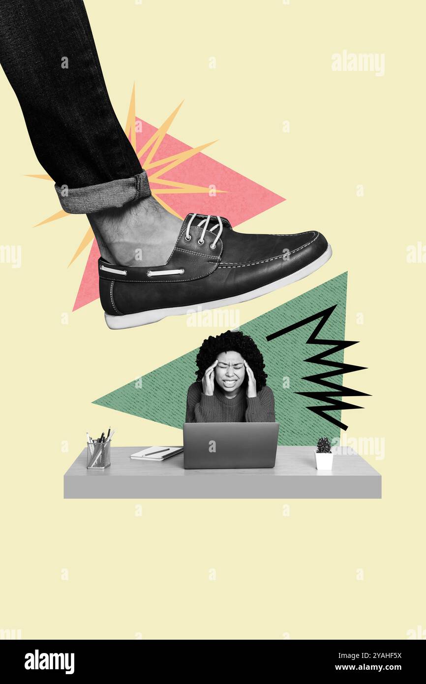 Vertical photo collage of dissatisfied american girl sit office table ...