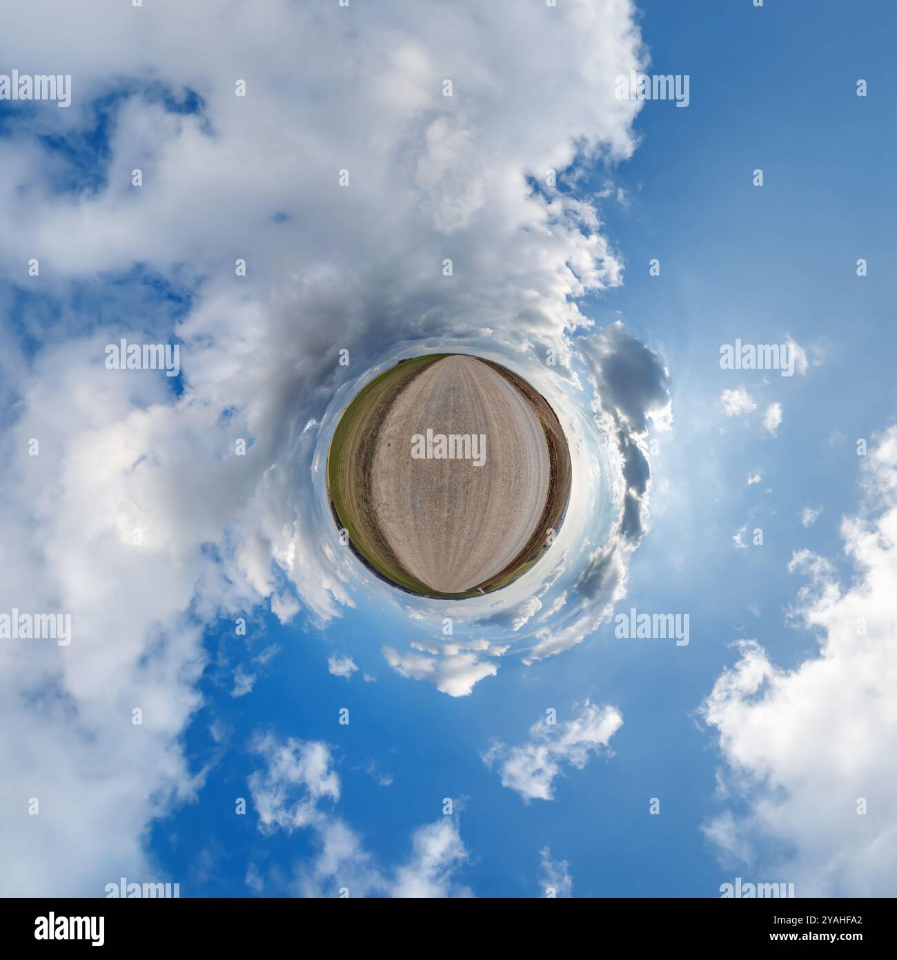 simple little tiny planet without buildings in blue sky with sun and ...