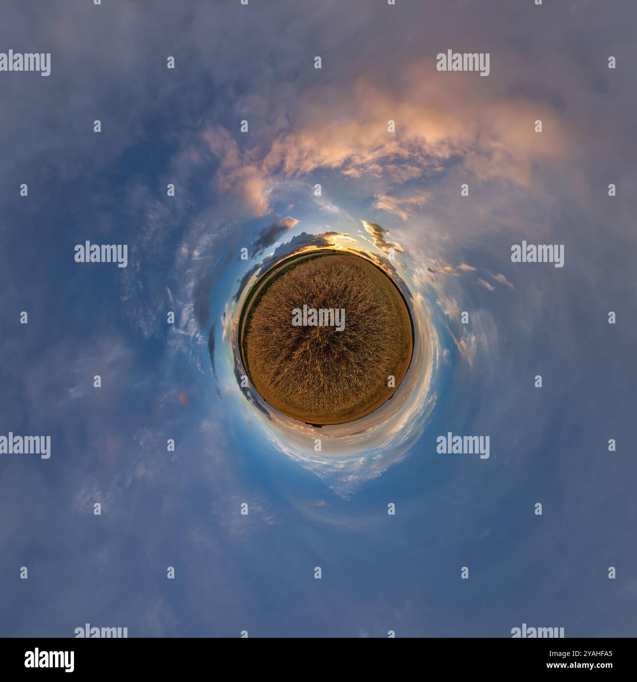 simple little tiny planet without buildings in blue sky with sun and ...