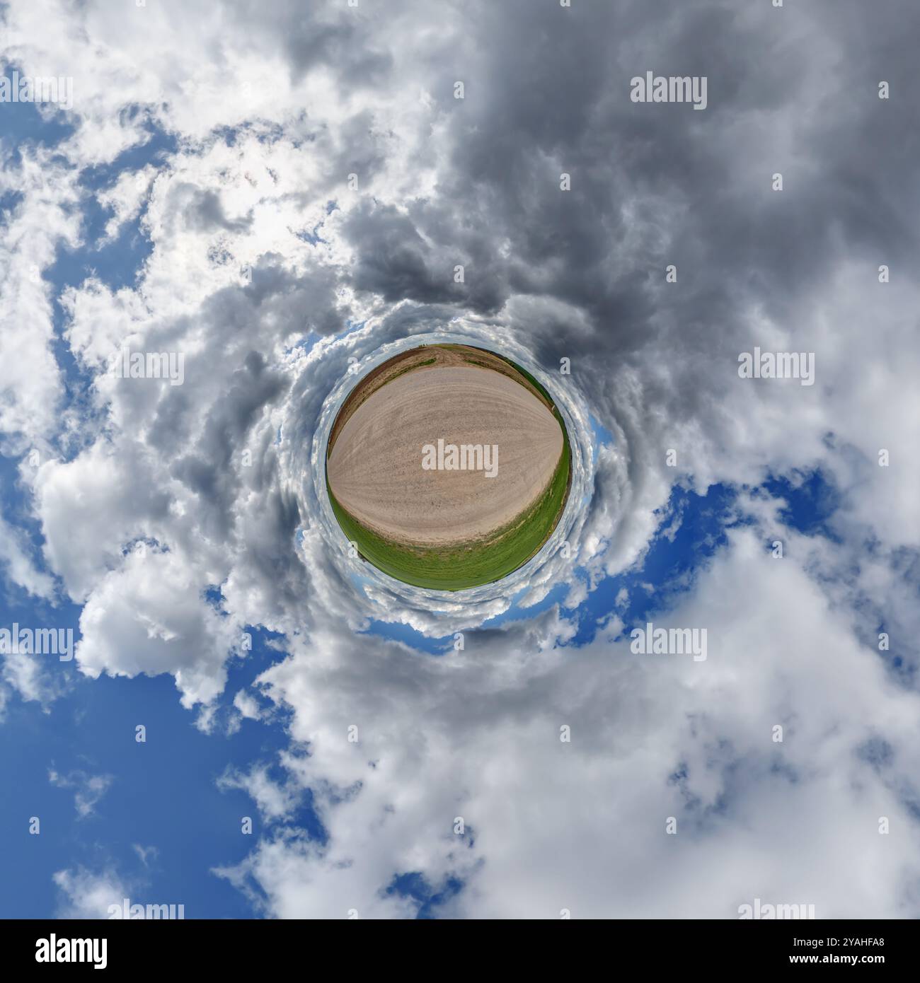 simple little tiny planet without buildings in blue sky with sun and ...