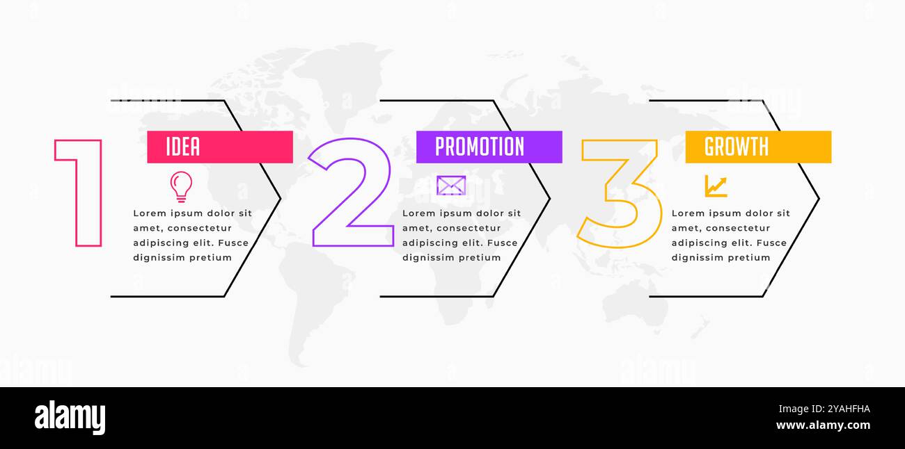 modern three step infographic sequence chart template with world map ...