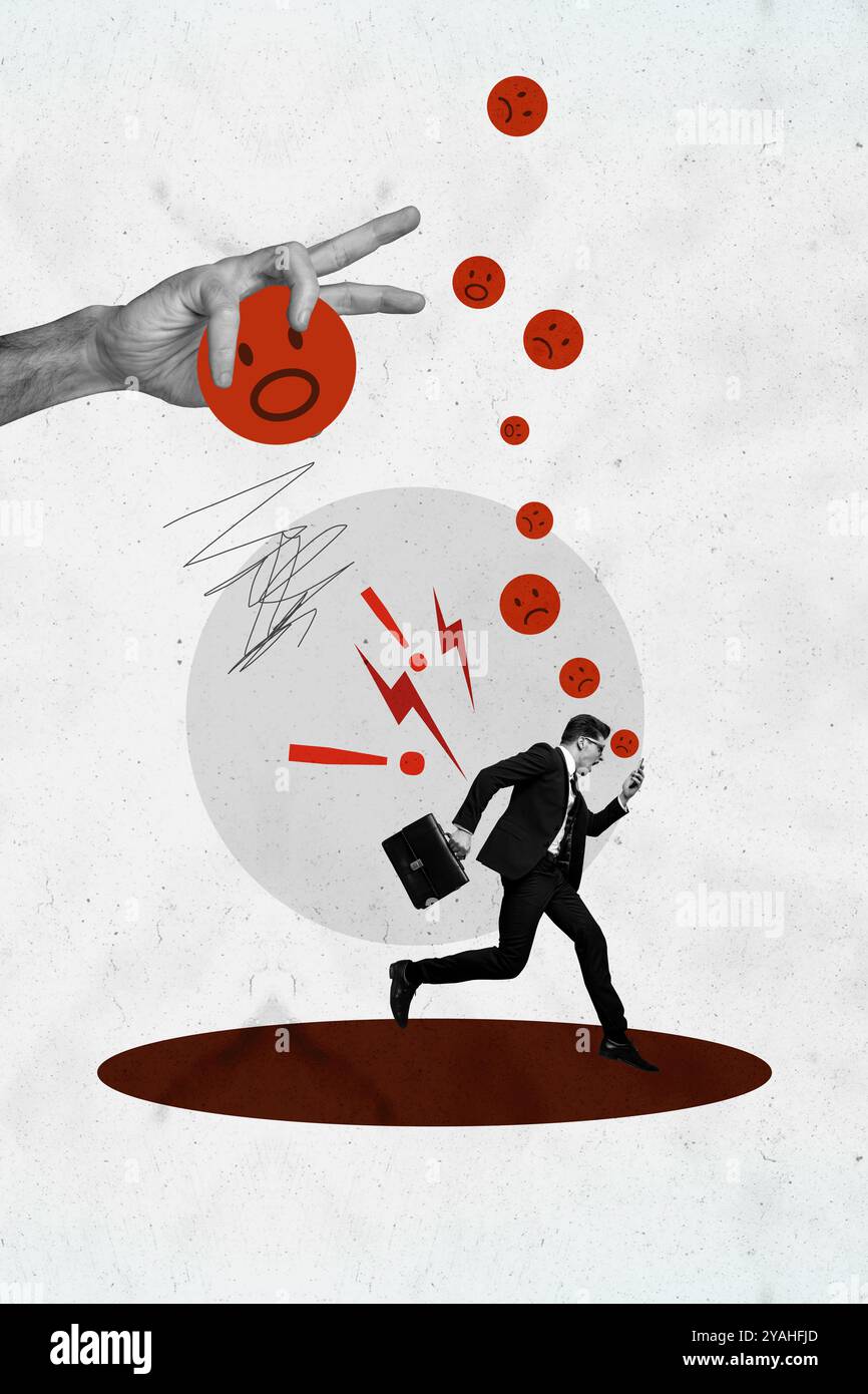 Vertical photo collage of angry man run hold phone cyberbully hate bad ...