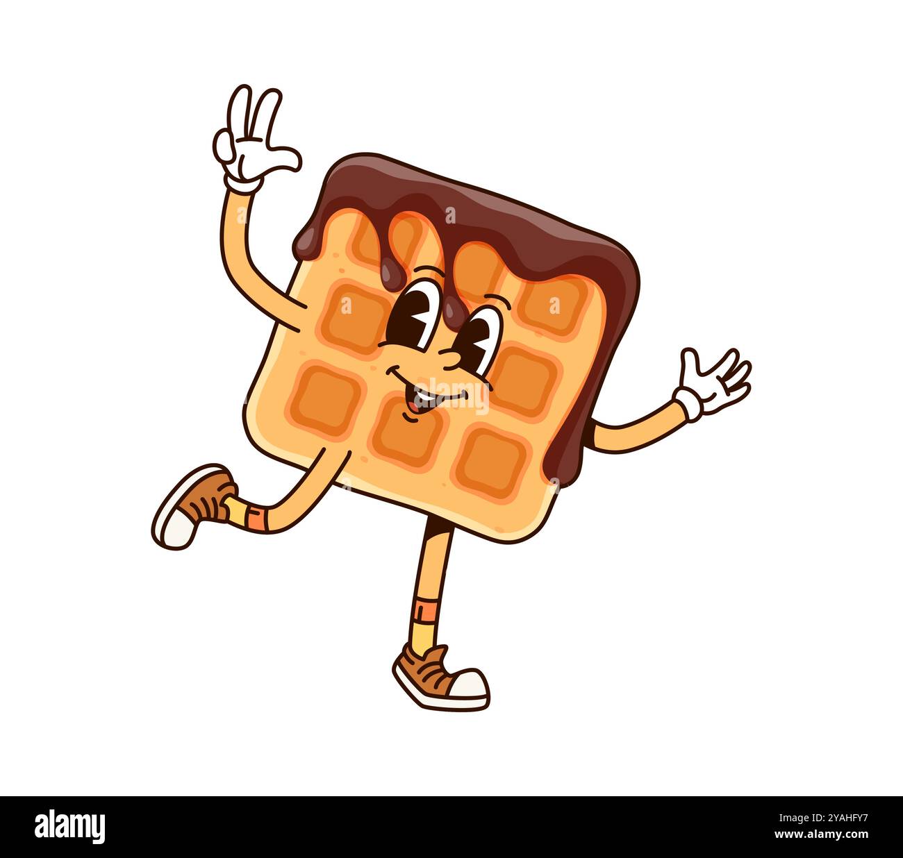 Groovy Belgian waffle character with chocolate topping. Cartoon vector ...