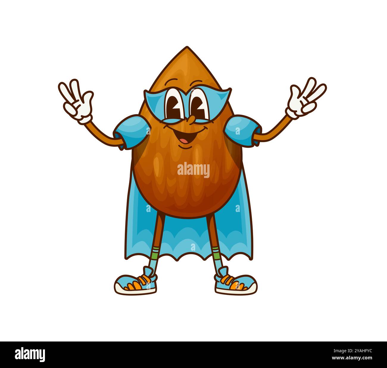 Groovy superhero almond nut character, dressed in a blue cape and mask ...