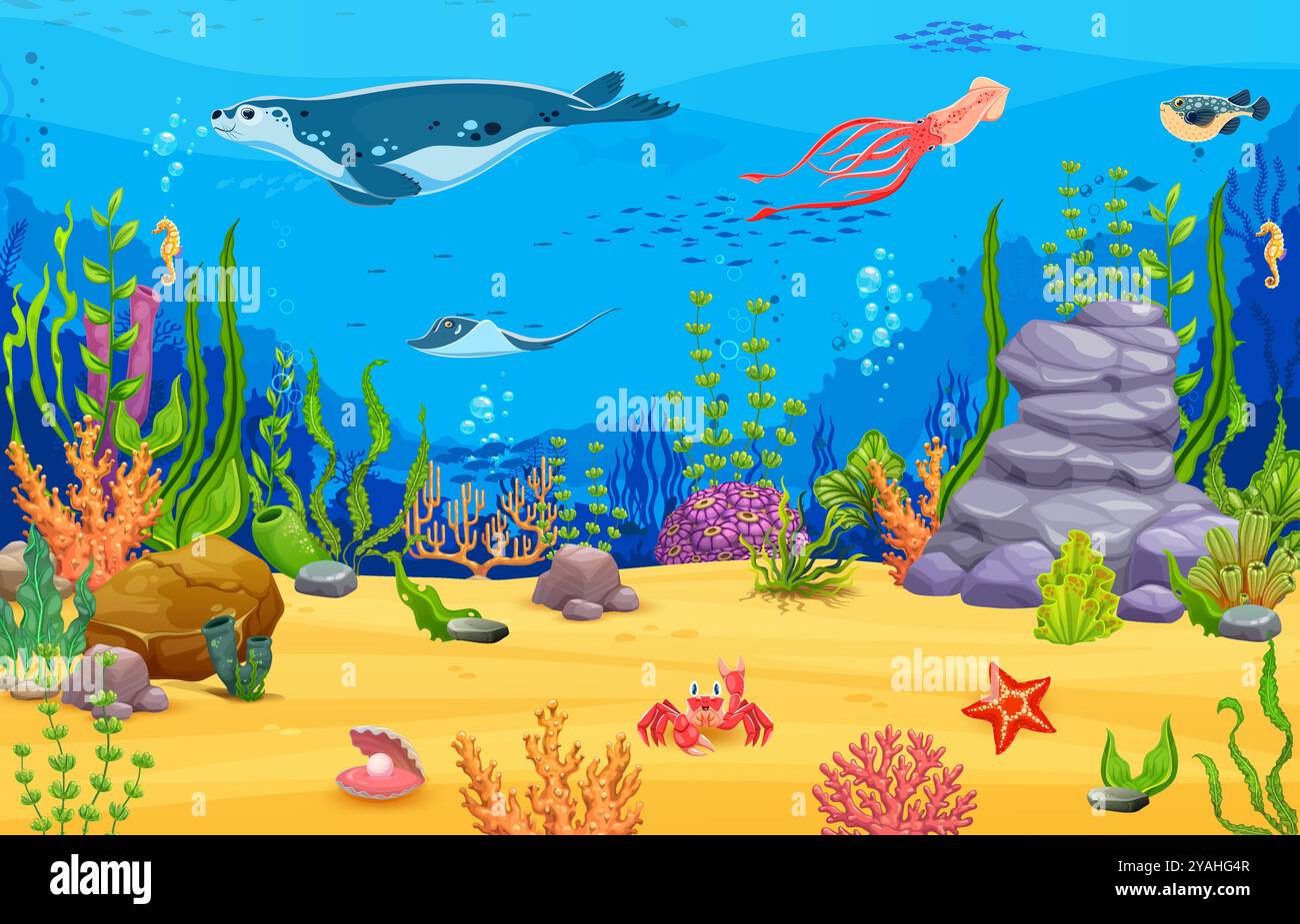 Sea game map, underwater landscape with a variety of marine life ...