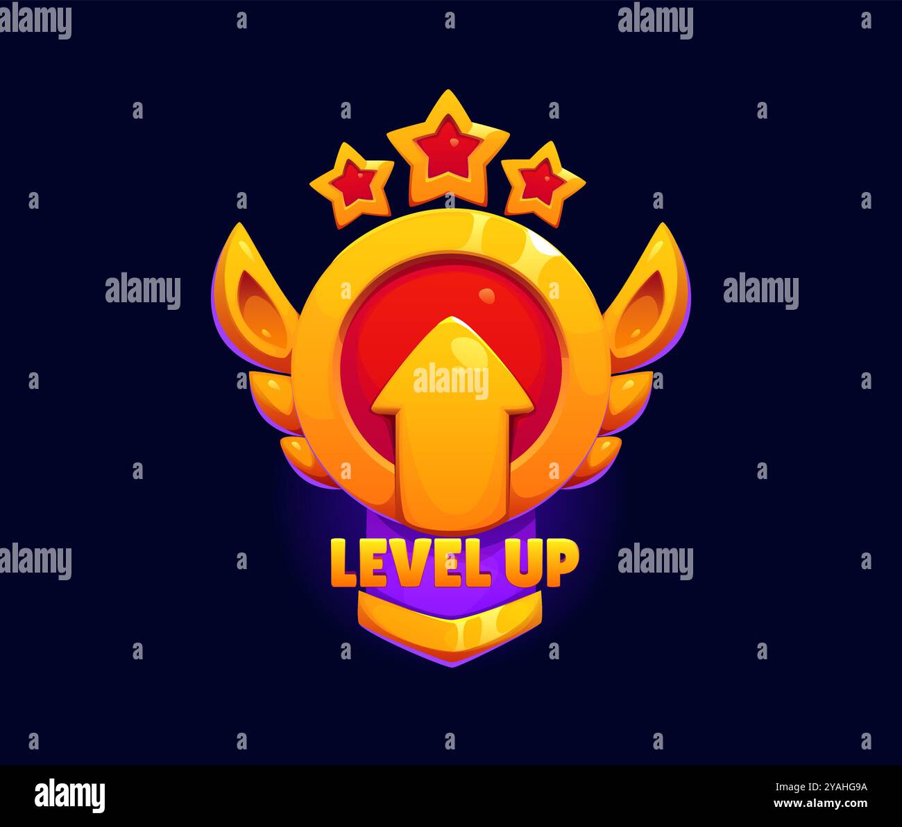 Level up game reward, rate icon featuring golden stars, upward arrow inside of red circle and ...