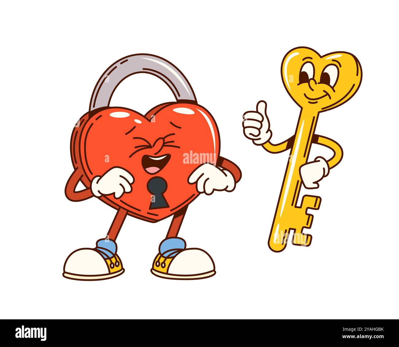 Groovy valentine heart lock and key characters. Adorable heart-shaped ...