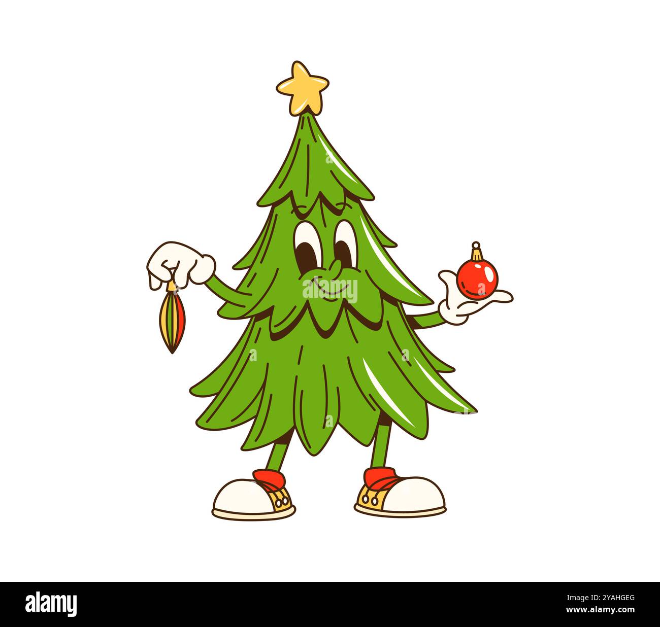 Cartoon groovy Christmas holiday pine tree character wearing star ...
